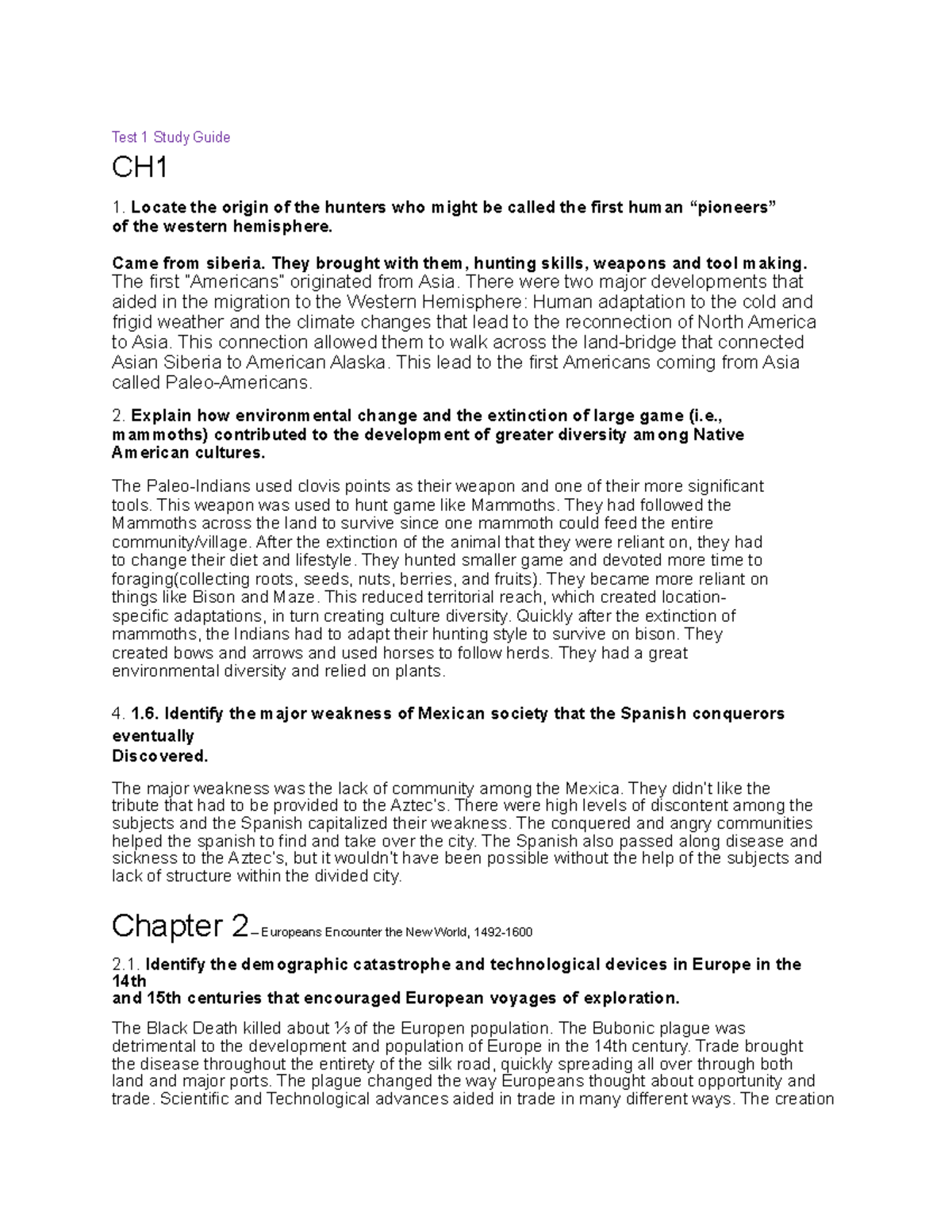 Study Guide History - Test 1 Study Guide CH Locate the origin of the ...
