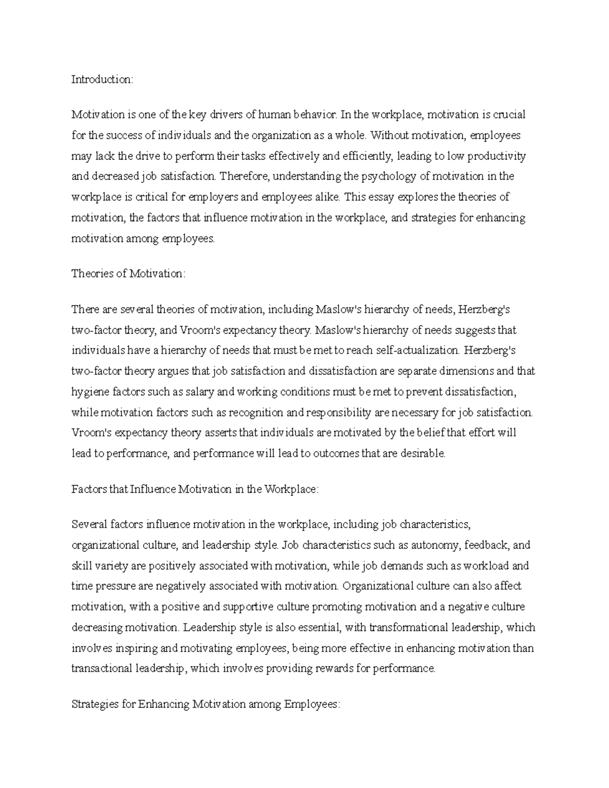 Title The Psychology of Motivation in the Workplace - Introduction ...