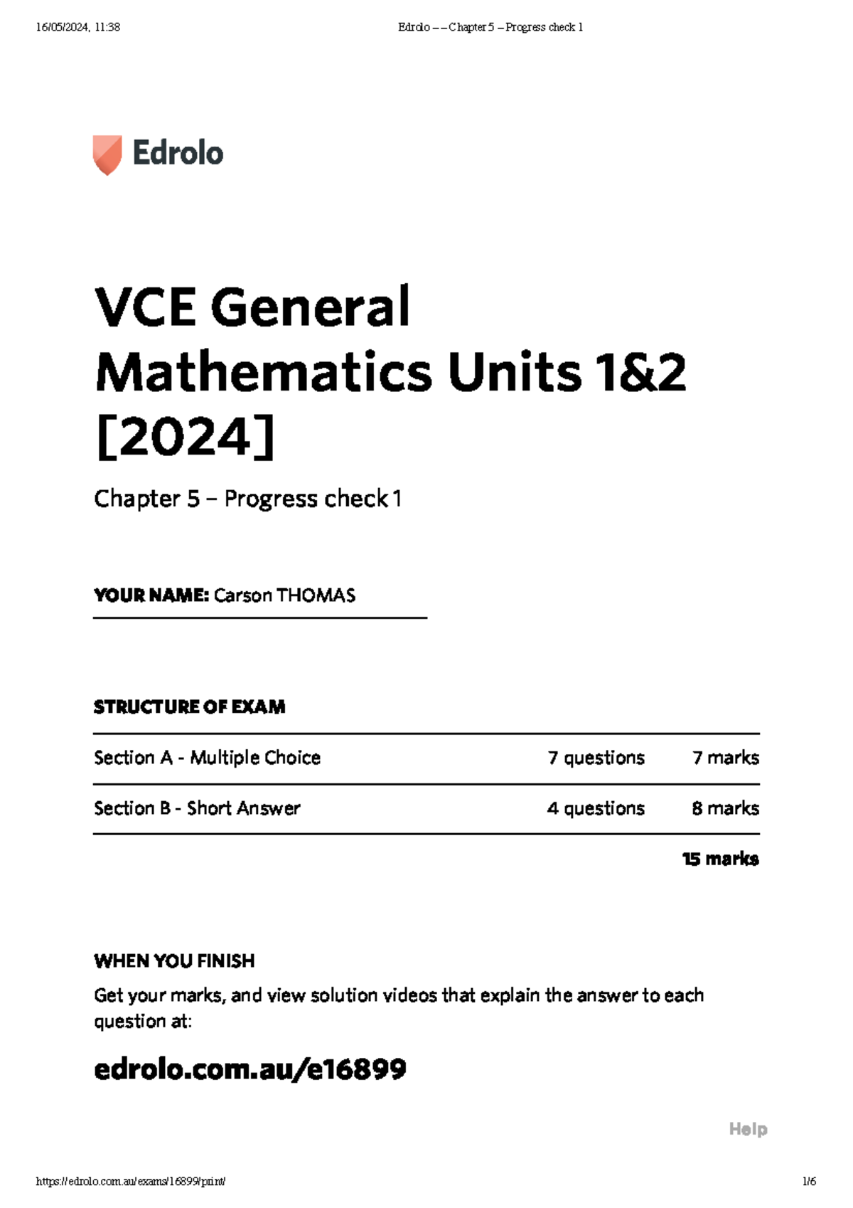 Edrolo – – Chapter 5 – Progress check 1 - VCE General Mathematics Units ...