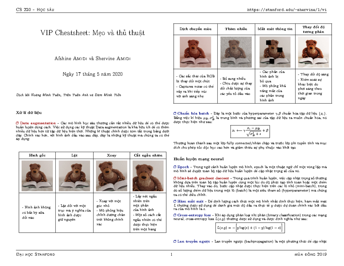 Cheatsheet deep learning tips tricks - CS 230 – Học sâu stanford ...