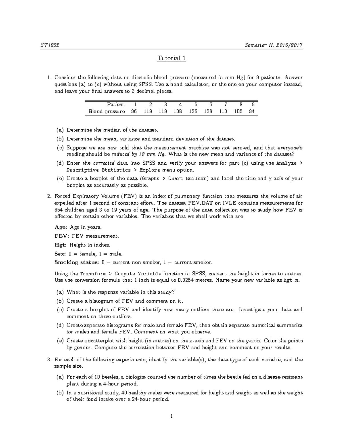 Tutorial 01 qn - ST1232 - ST1232 Semester II, 2016/ Tutorial 1 Consider the following data on ...