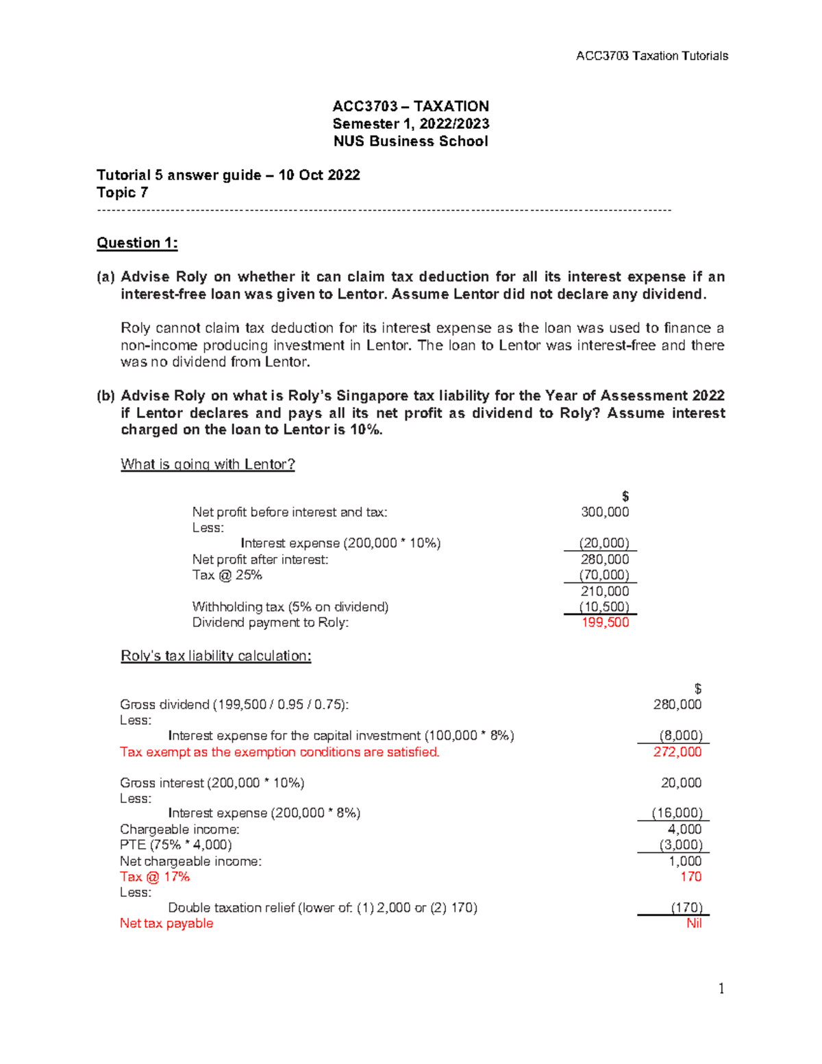ACC 3703 Tut 5 - answer guide - ACC3703 – TAXATION Semester 1, 2022 ...