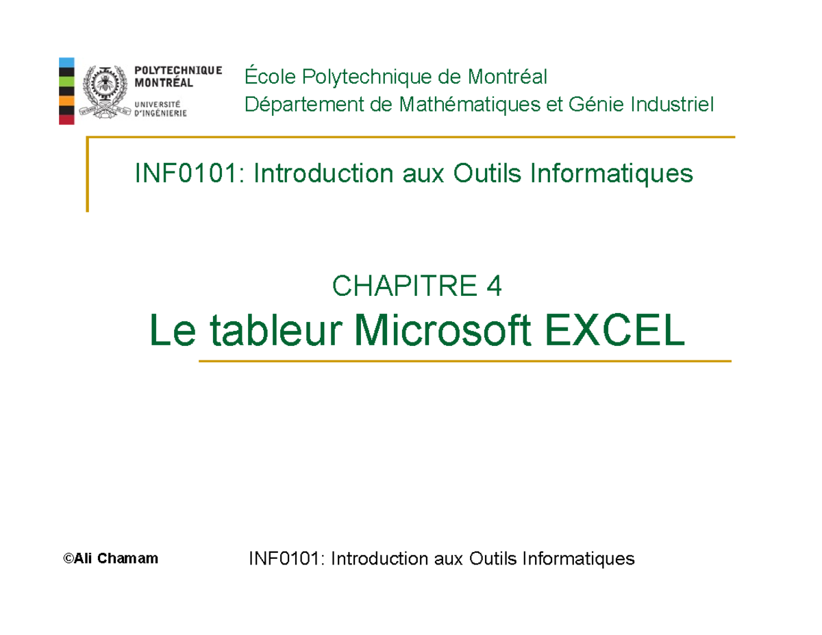 Chapitre 5 Excel - Suite a MATLAB on regarde un autre outils informatique important dans - Studocu
