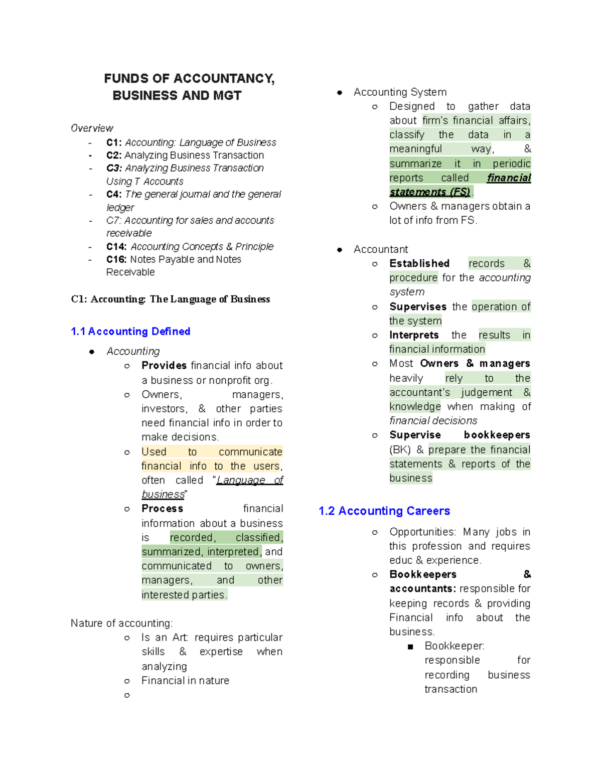 F Dnacct Notes - FUNDS OF ACCOUNTANCY, BUSINESS AND MGT Overview - C1 ...