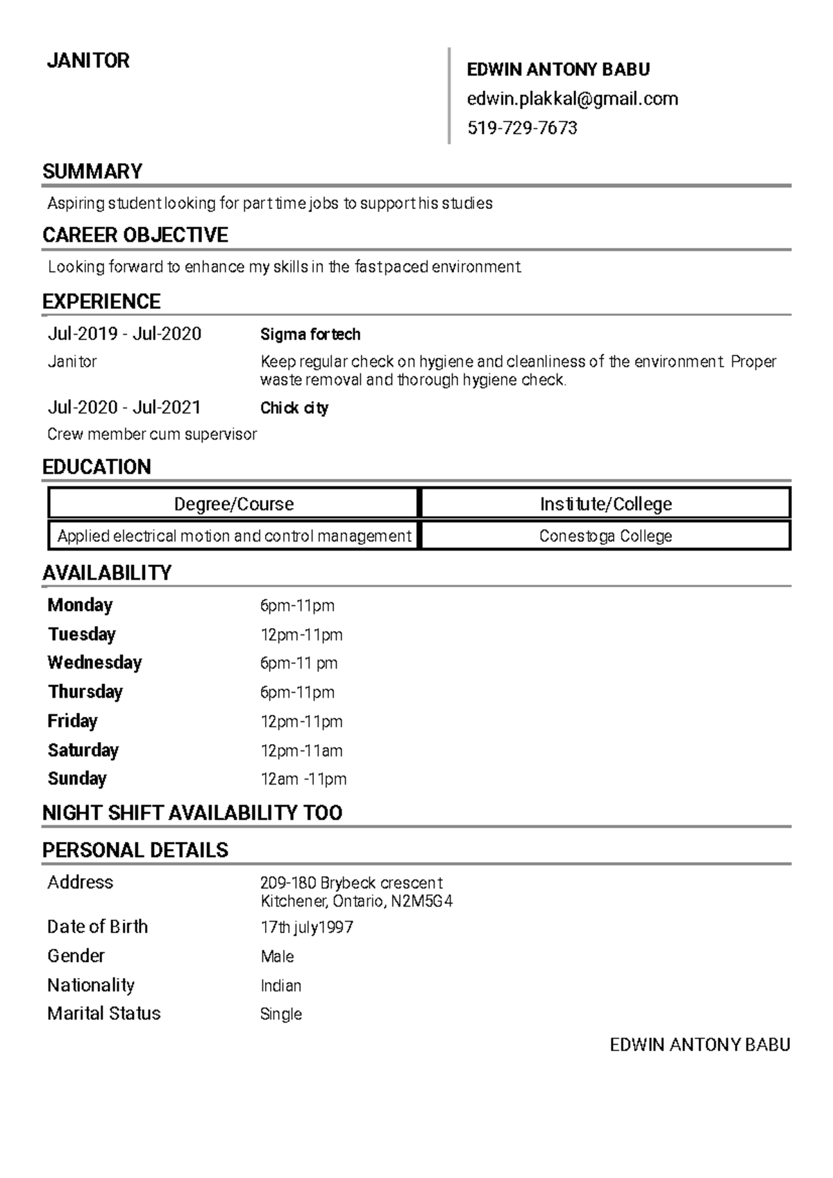 Cleaner resume - bvghhv - JANITOR EDWIN ANTONY BABU edwin@gmail 519-729 ...