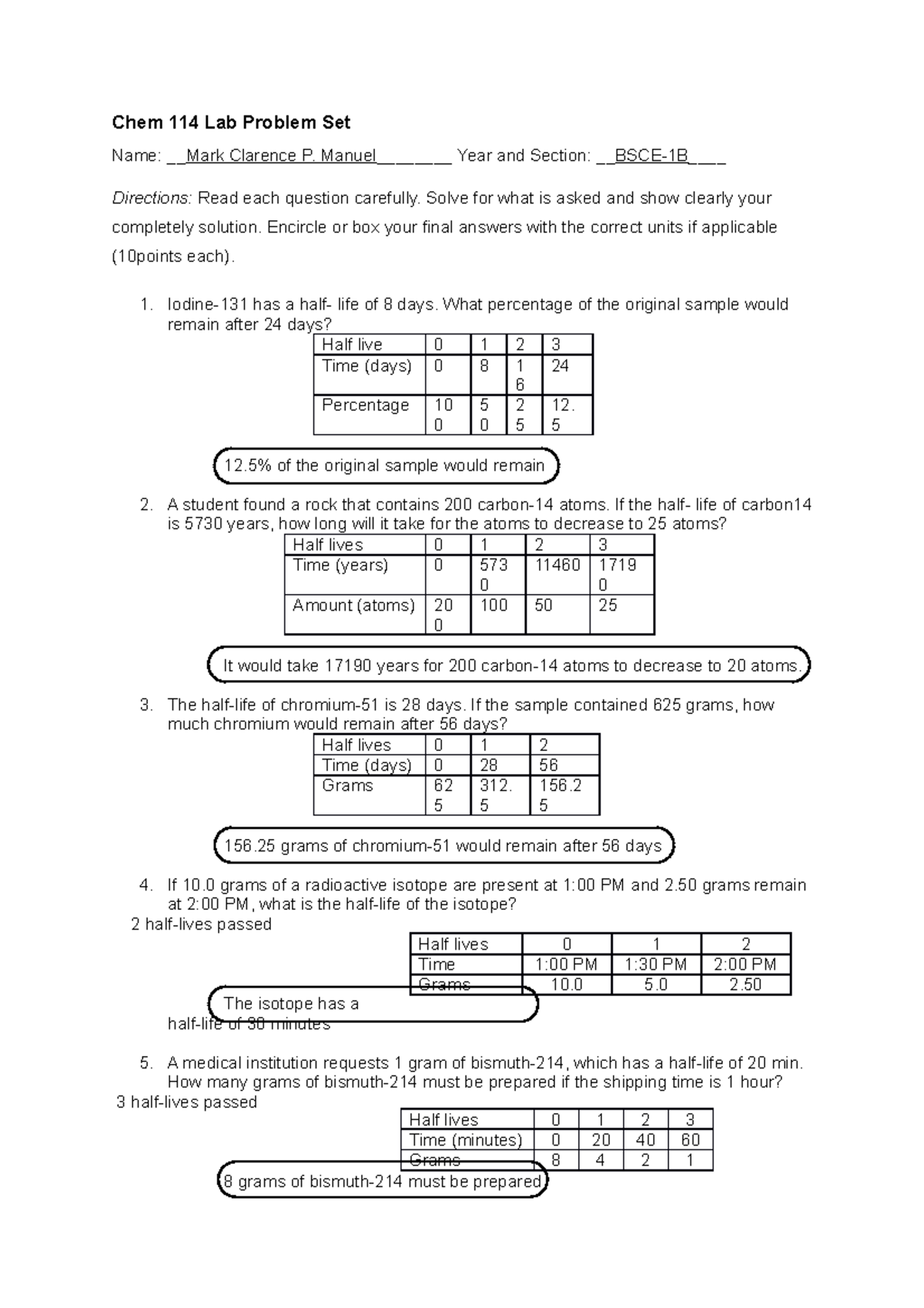 Nuclear Decay problems - Chem 114 Lab Problem Set Name: Mark Clarence P ...