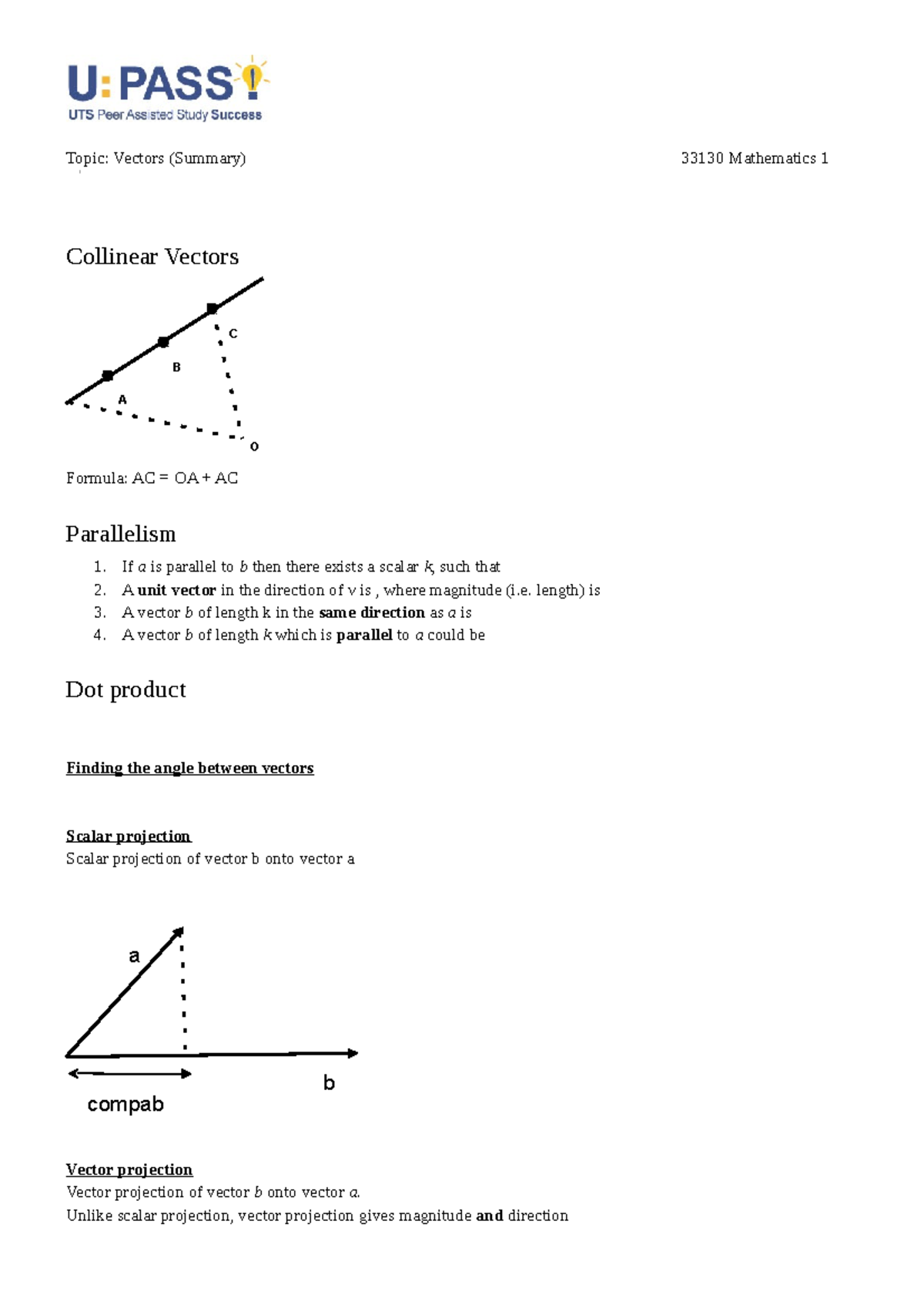 Vectors Formula Sheet - Collinear Vectors Formula: AC = OA + AC Parallelism If a is parallel to ...