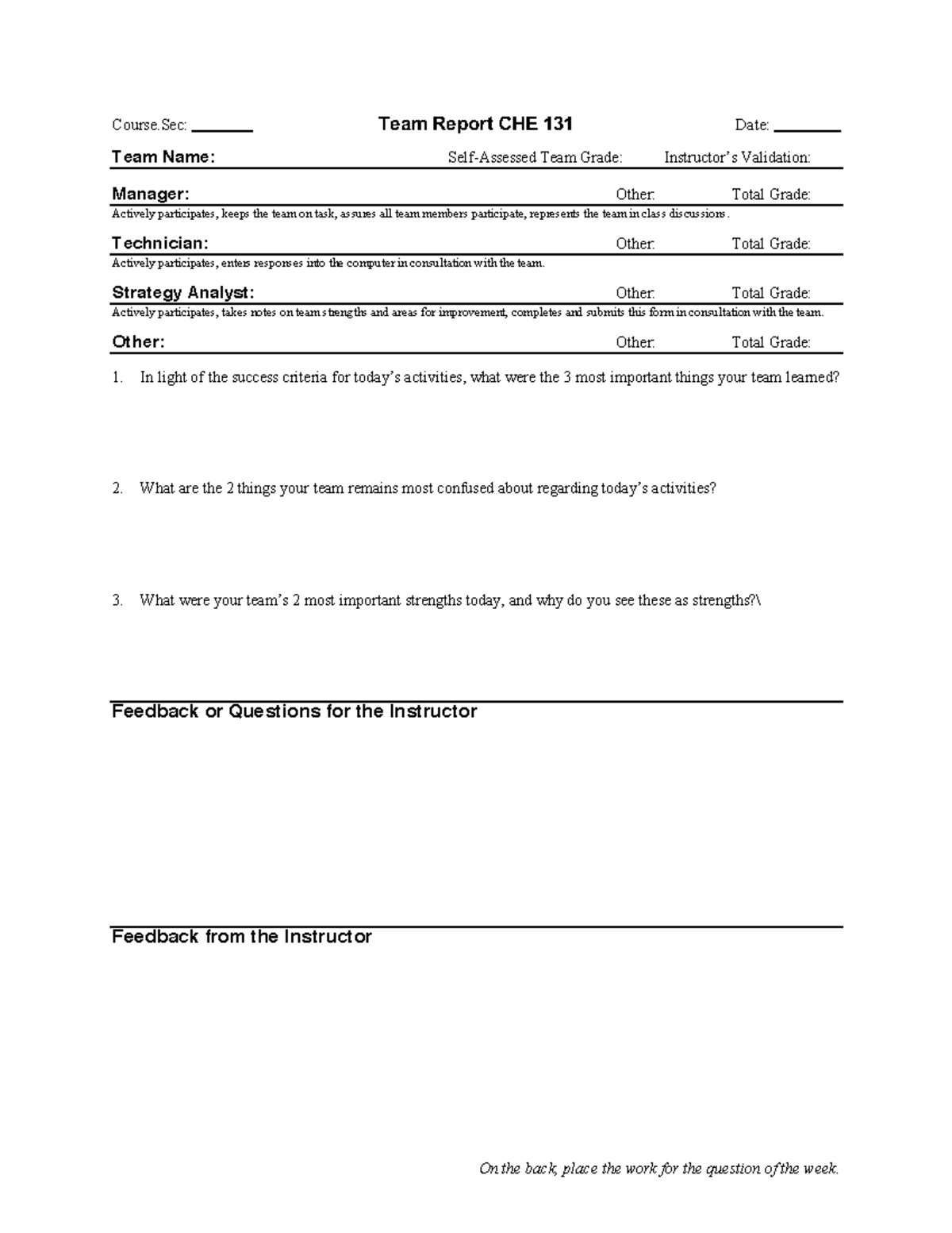 06 Team Report Form - for workshops - On the back, place the work for ...