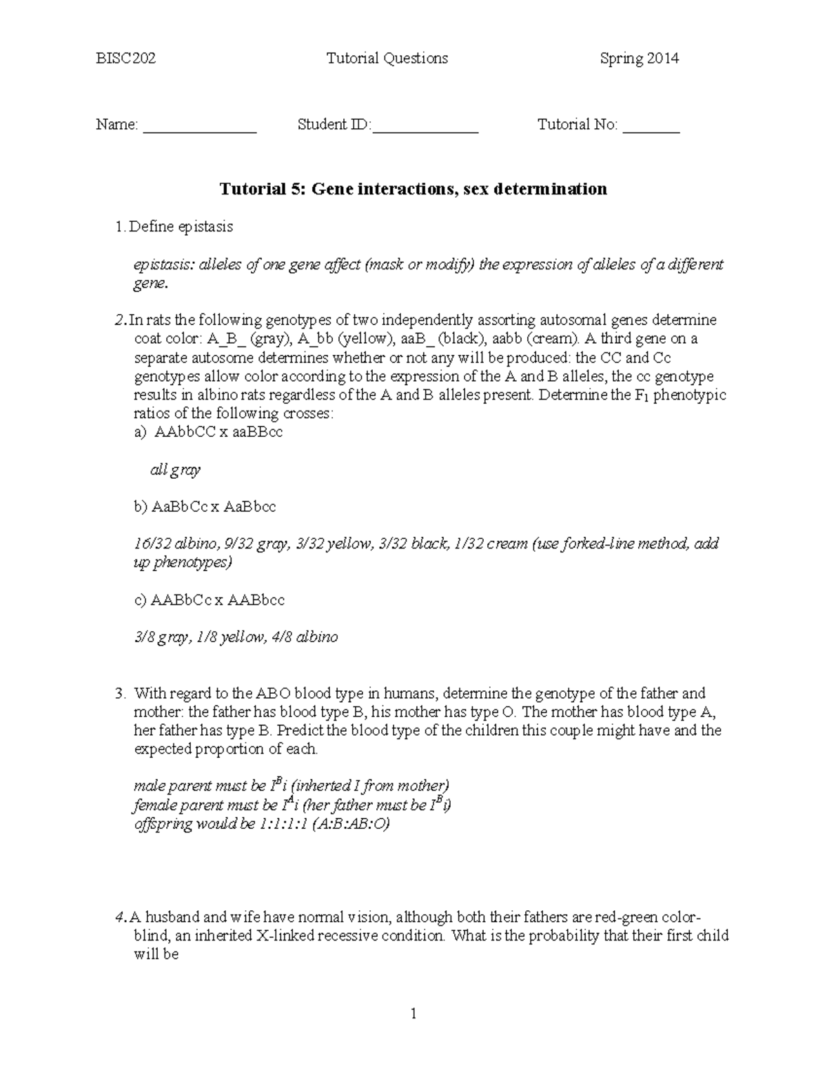 Quiz 5 2014, questions and answers - BISC202 Tutorial Questions Name ...