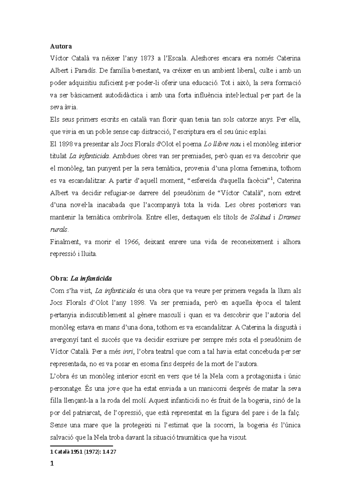 La infanticida - Es tracta d'un resum dels punts essencials de l'obra. - Autora Víctor Català va ...