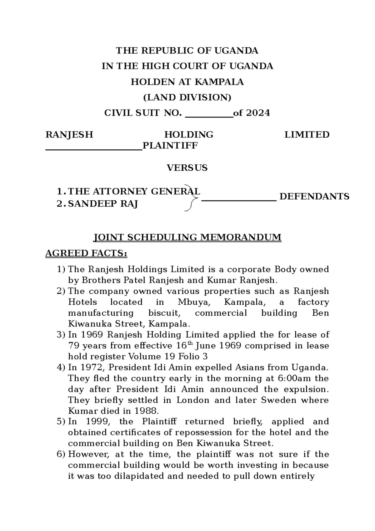Joint Scheduling Memorandum - Sample Copy - THE REPUBLIC OF UGANDA IN ...