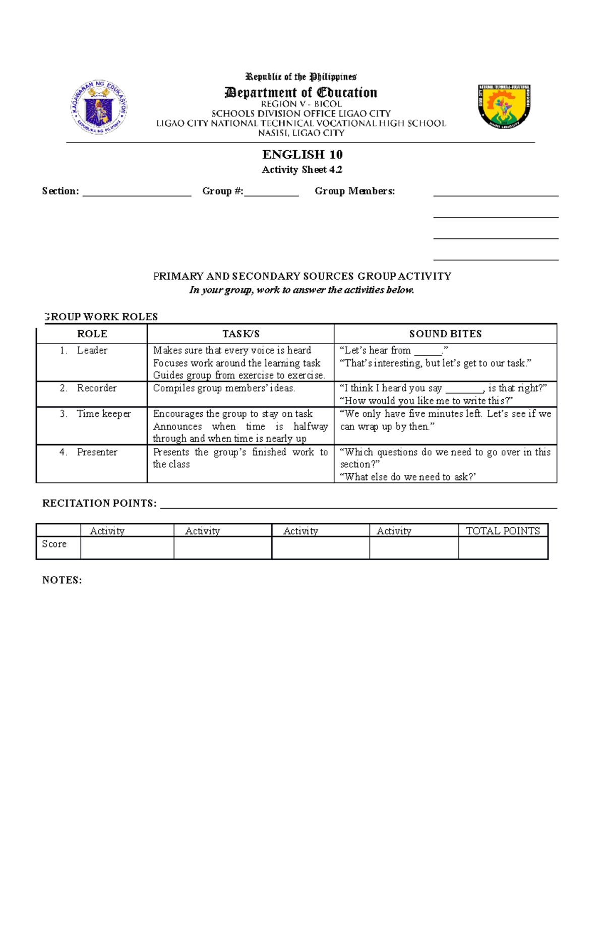 Act sheet - ENGLISH 10 Activity Sheet 4. Section ...