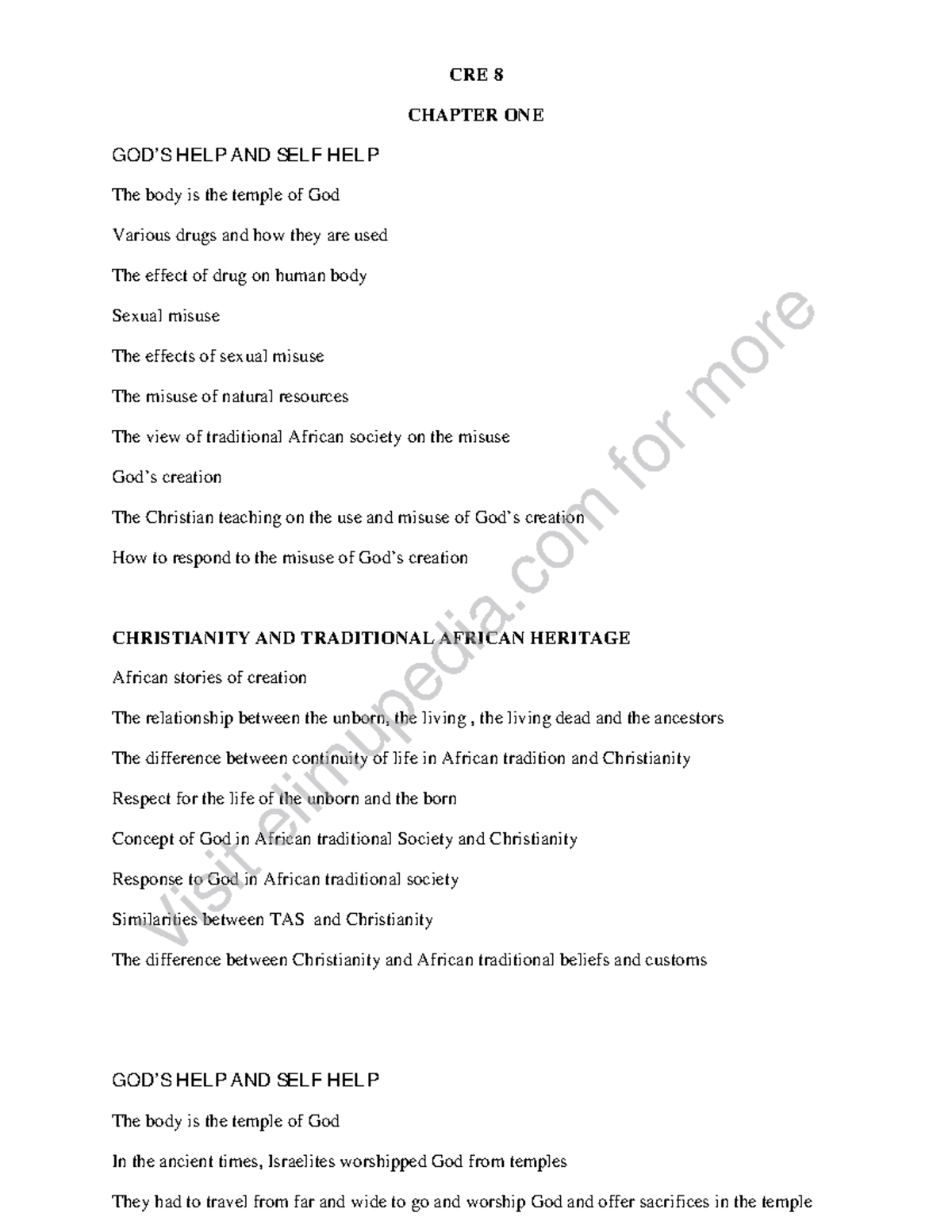 CBC Grade 8 CRE notes - CRE 8 CHAPTER ONE GOD’S HELP AND SELF HELP The ...