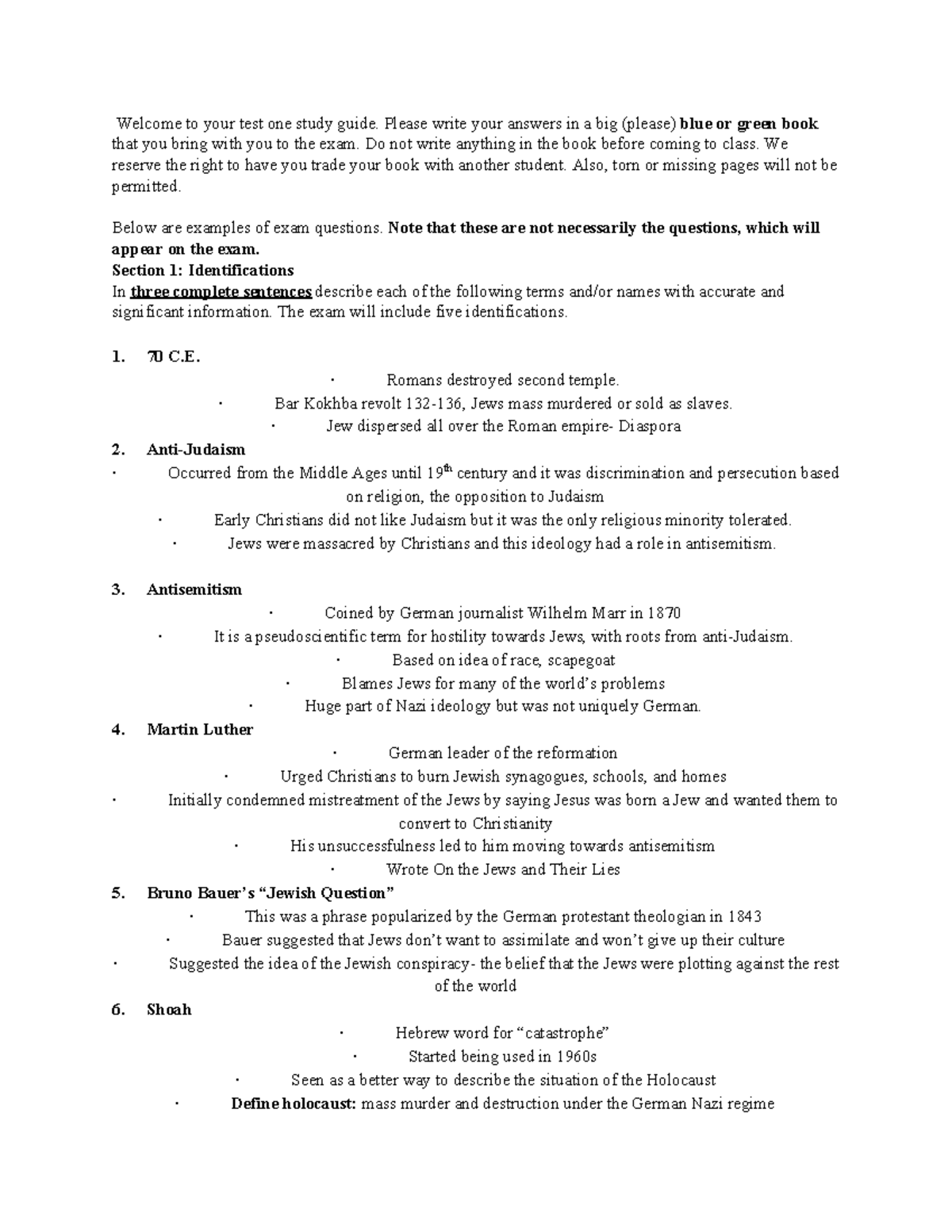 Holocaust Exam 1 - Welcome to your test one study guide. Please write ...