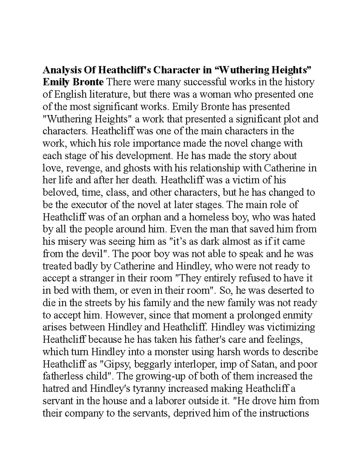 Analysis Of Heathcliff - Emily Bronte has presented "Wuthering Heights ...