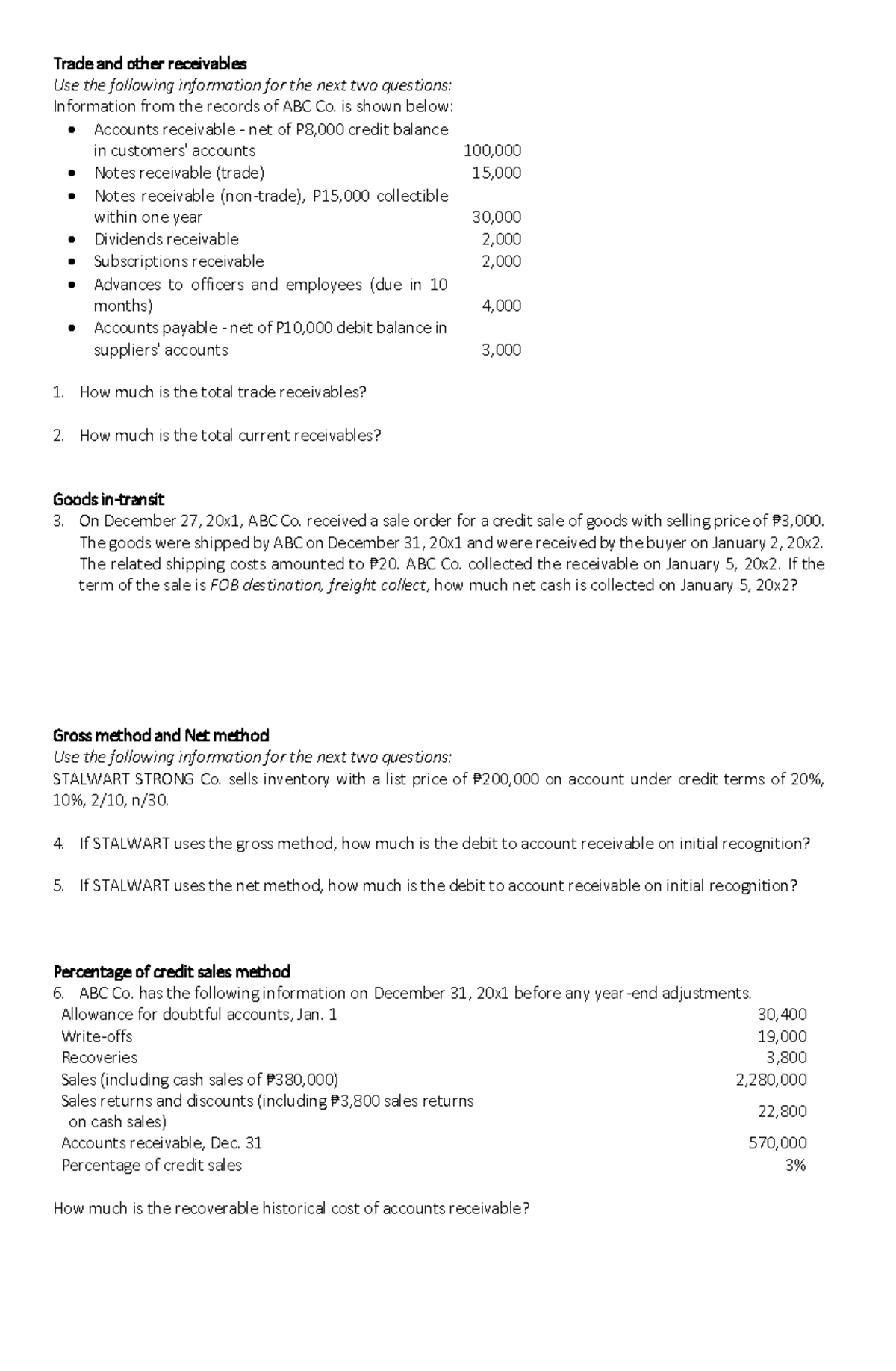 Receivables problem sets - Trade and other receivables Use the ...