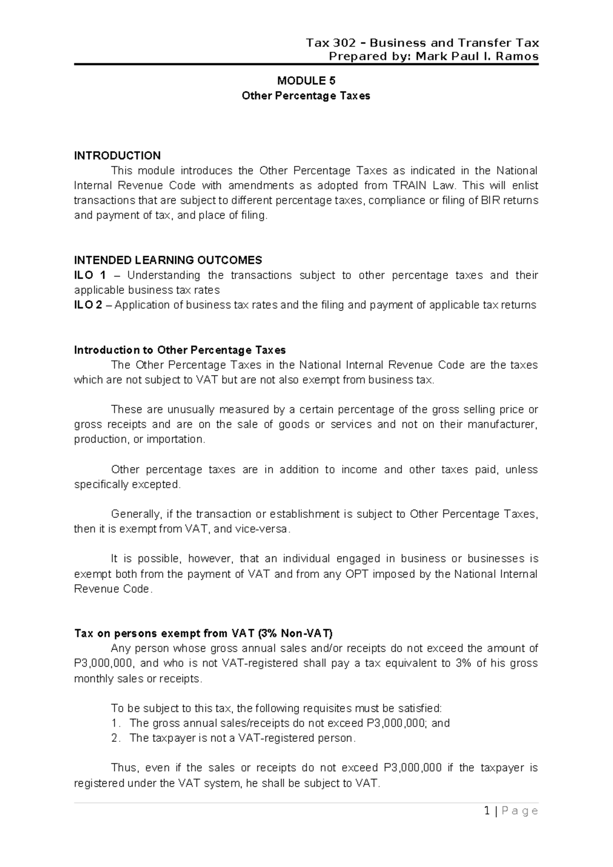 Other Percentage Tax - Prepared by: Mark Paul I. Ramos MODULE 5 Other ...