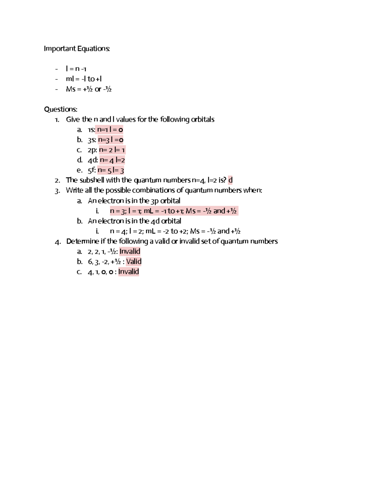 Quantum Numbers Practice Problems - Important Equations: l = n - ml ...