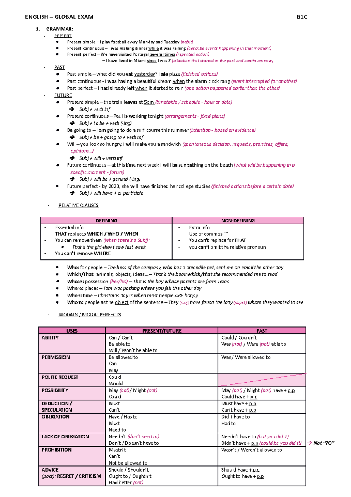 ENGLISH BASIC CONTENTS - ENGLISH – GLOBAL EXAM B1C 1. GRAMMAR ...