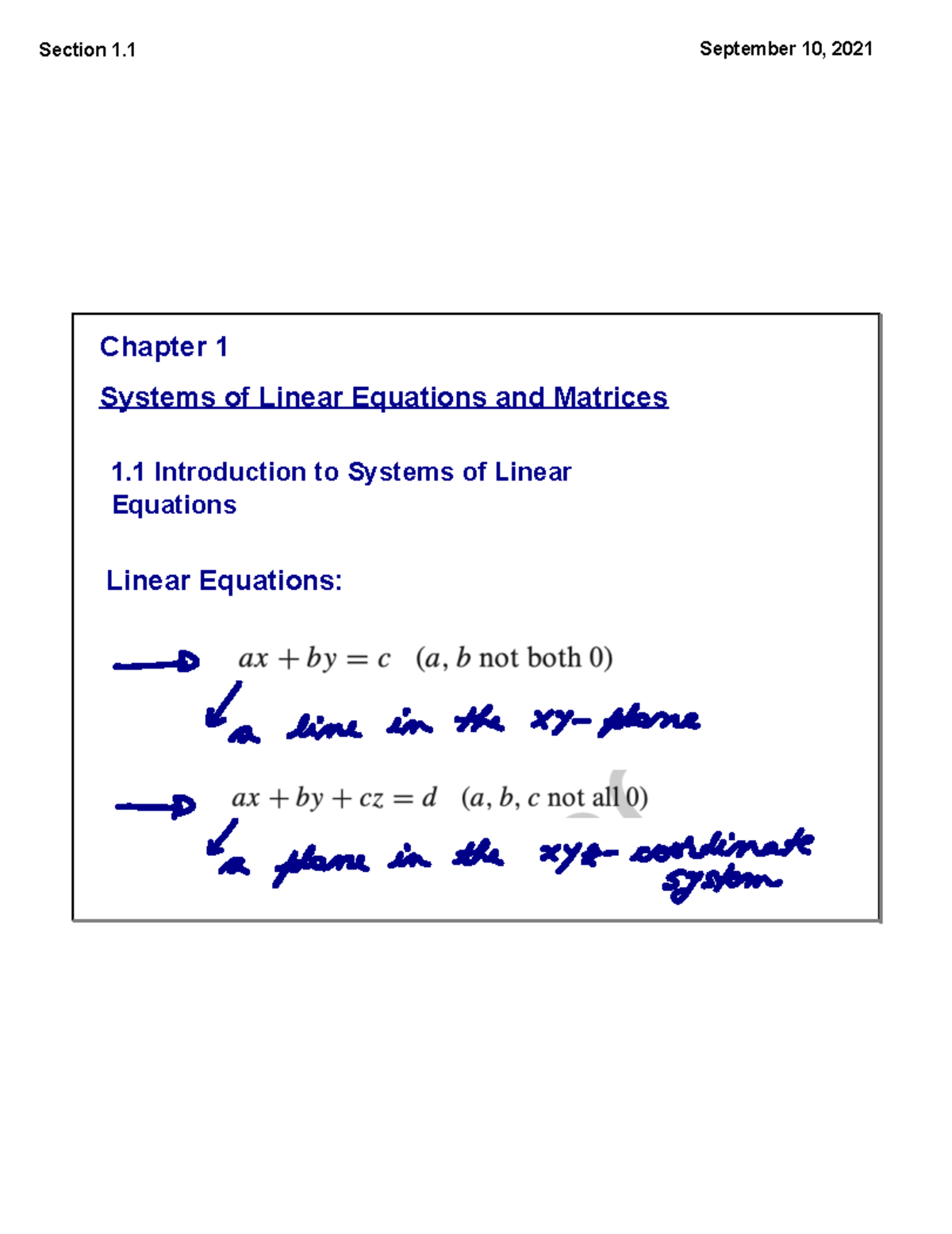 Section 1 - Notes - MATH 251 - Chapter 1 Systems of Linear Equations ...