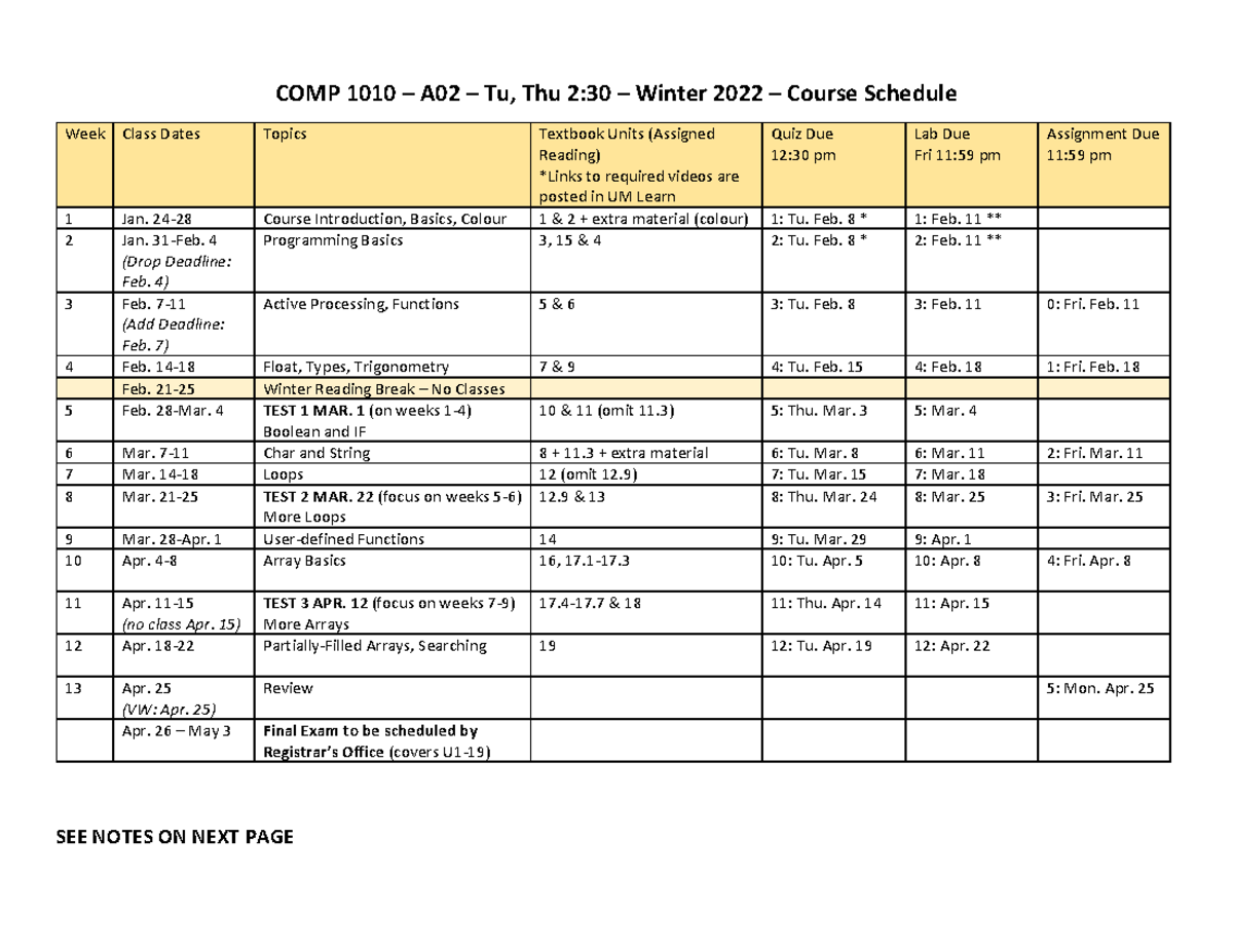 COMP1010 A02 Winter 2022 Schedule - COMP 1010 – A0 2 – Tu, Thu 2:30 ...