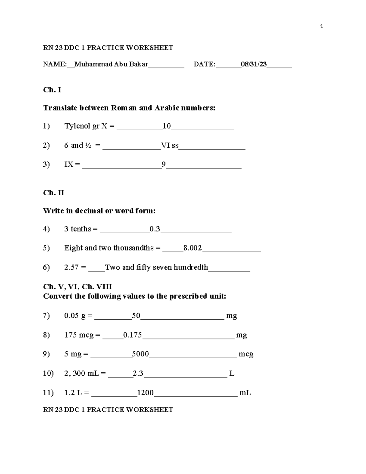 Completed DDC worksheet - 1 RN 23 DDC 1 PRACTICE WORKSHEET NAME ...