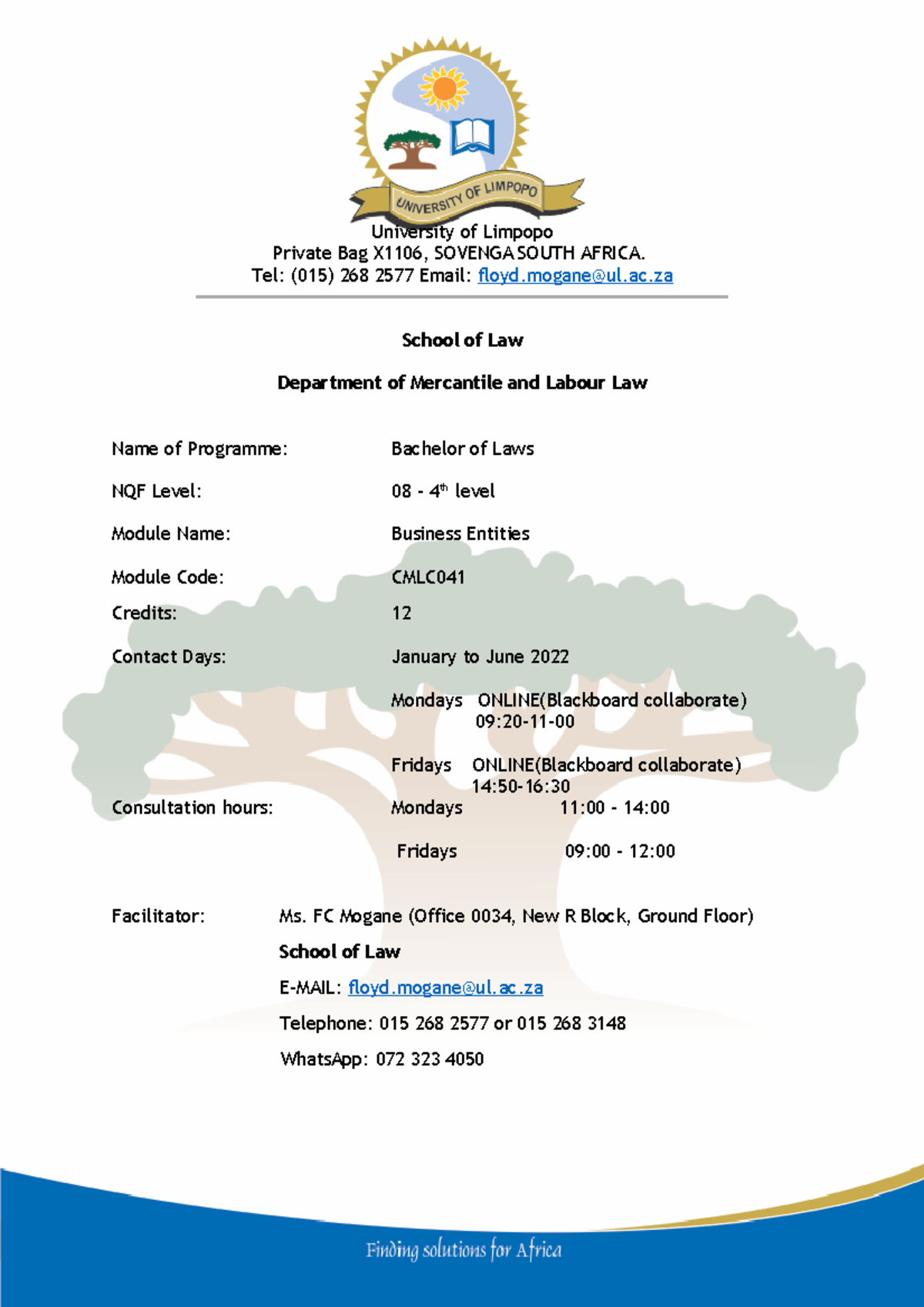 2022 Course Outline Business Entities CMLC 041 - University of Limpopo ...