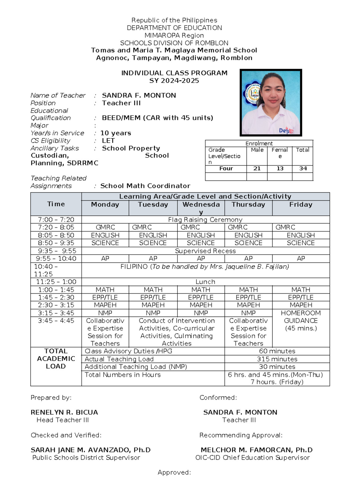 Individual-Class-Program-SY-2024-2025 Sandra F. Monton 113513 - Photo ...