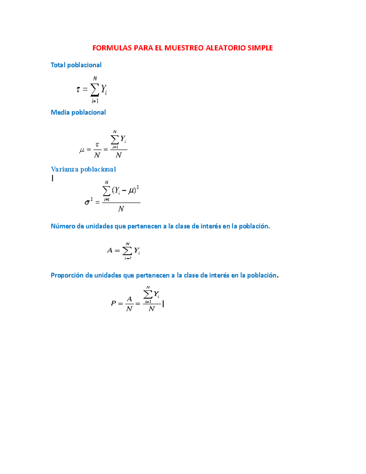 Formulas PARA EL Muestreo Aleatorio Simple - FORMULAS PARA EL MUESTREO ...
