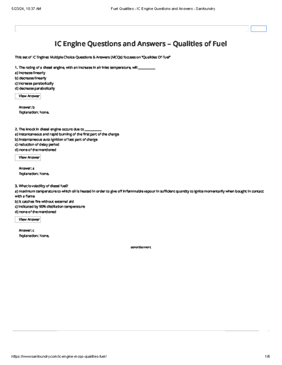 Fuel Qualities IC Engine Questions and Answers Sanfoundry - IC Engine ...
