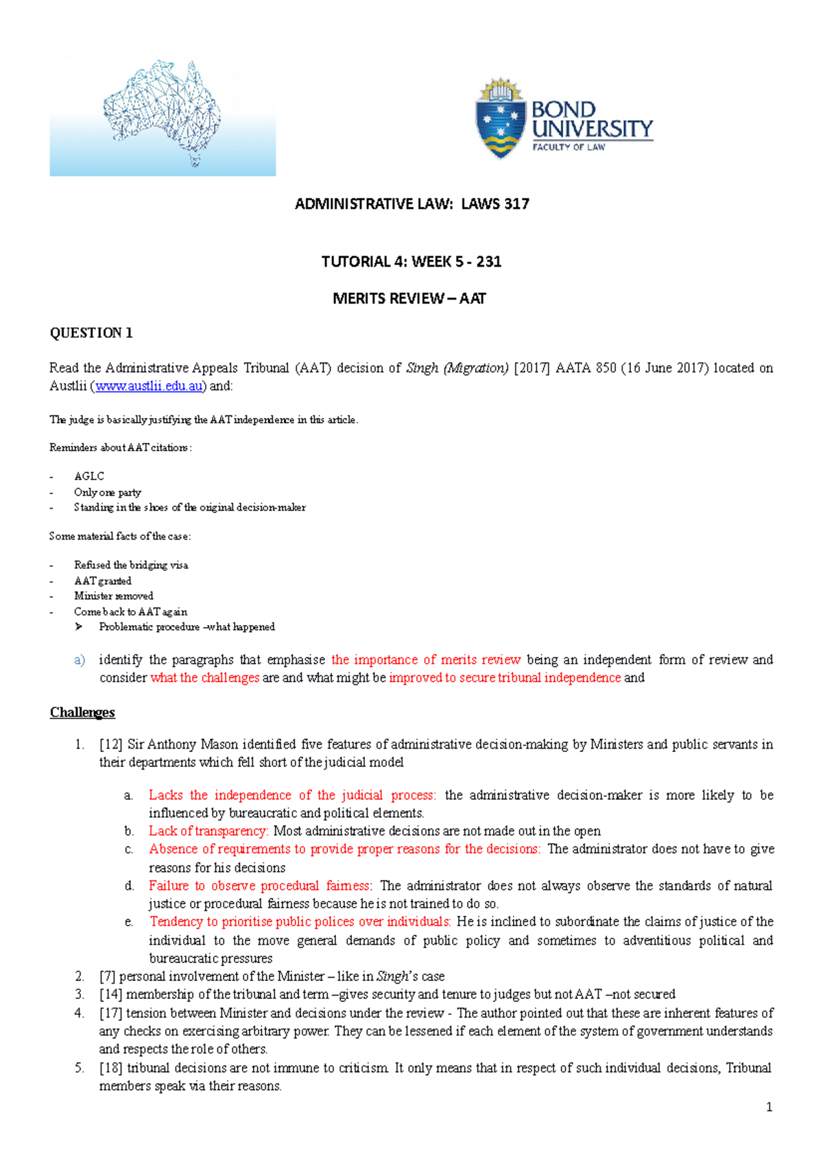 231 Tutorial 4 wk 5 Merits review - ADMINISTRATIVE LAW: LAWS 317 ...