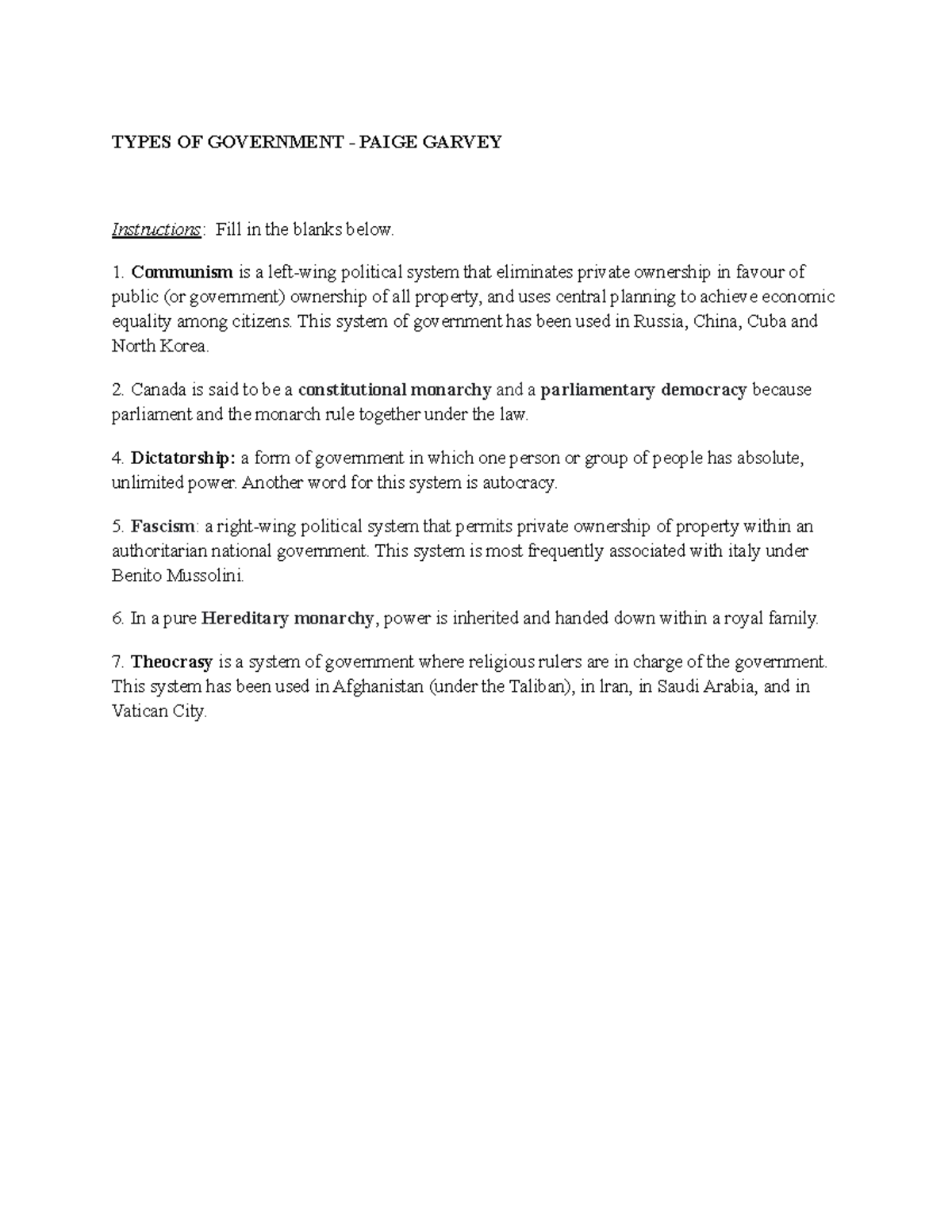 Types OF Government - Paige Garvey - CIVICS WORK - CHV2O0 - U of T ...