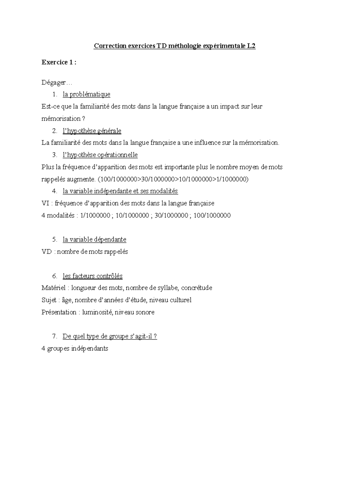 Methodologie expérimentale - TD Correction exercices - Correction exercices TD L2 Exercice 1 : 1 ...