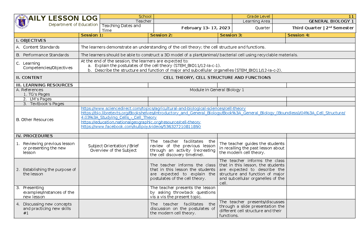 Dll general biology 1 week 1 quarter 3 - DAILY LESSON LOG Department of ...