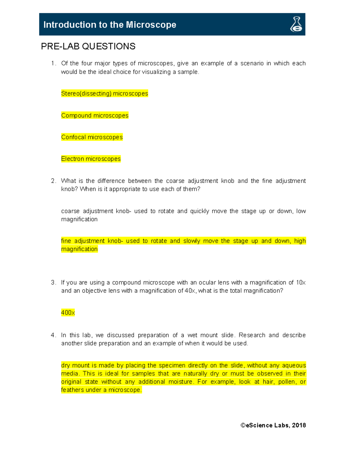 Lab ex 3 - LAB - PRE-LAB QUESTIONS 1. Of the four major types of microscopes, give an example of ...