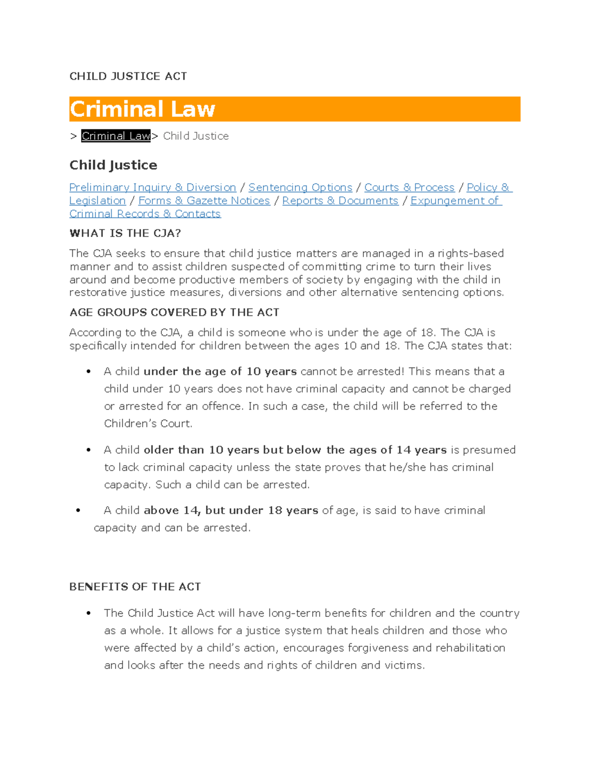 Child Justice Act notes - CHILD JUSTICE ACT Criminal Law > Criminal Law ...