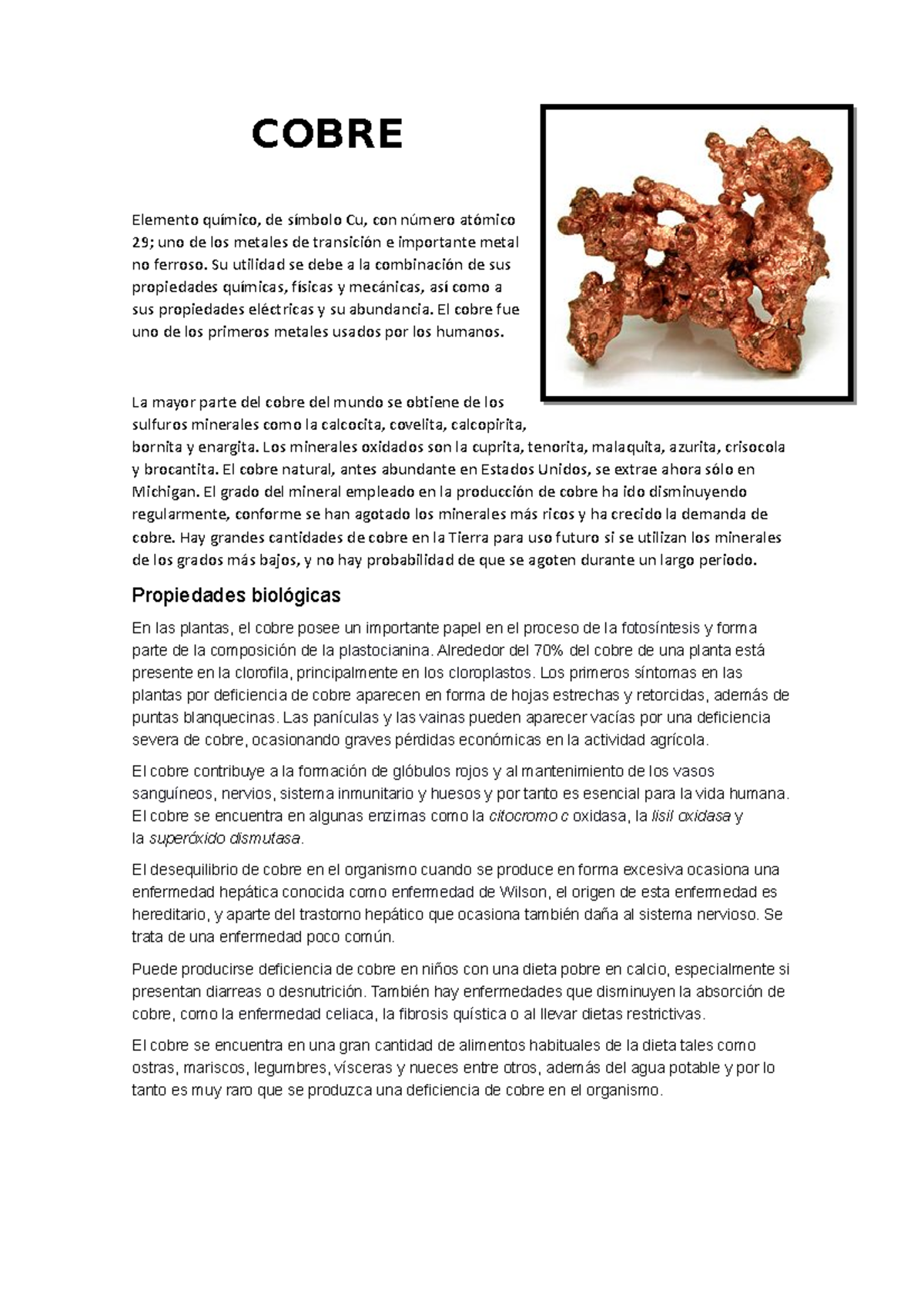 Cobre - COBRE Elemento químico, de símbolo Cu, con número atómico 29 ...
