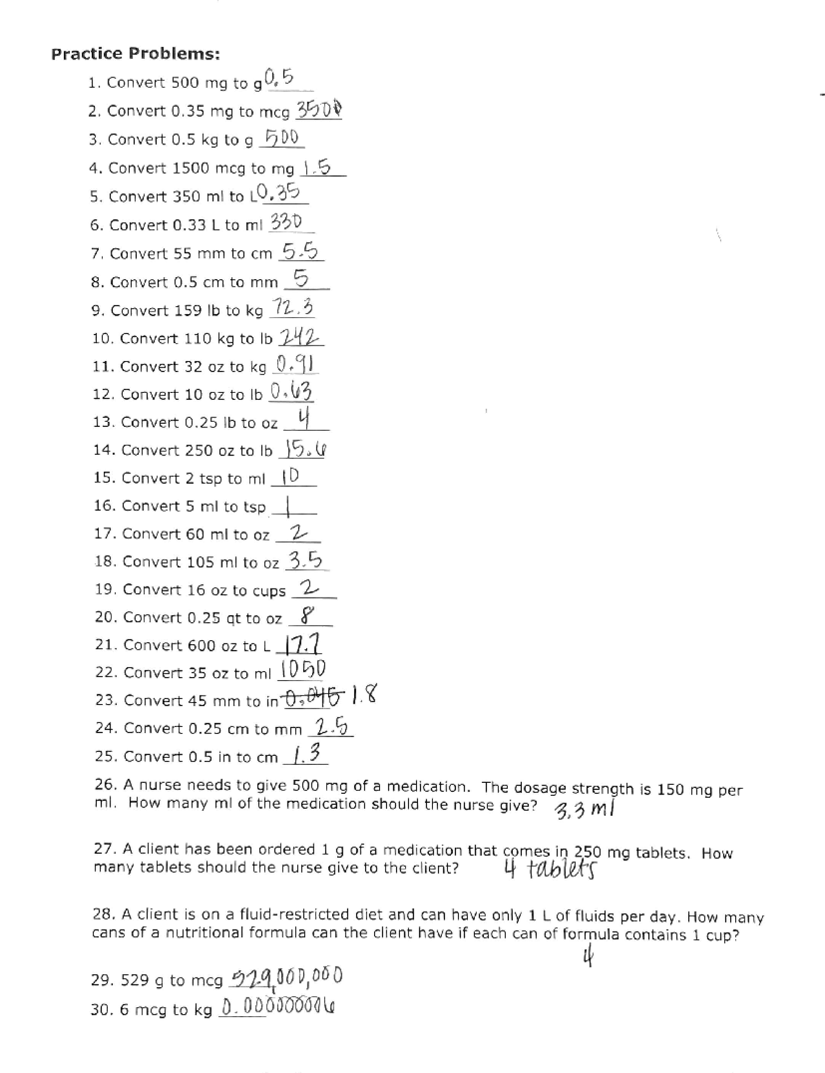 Pharm Math Participation - Practice Problems: 1. Convert 500 mg to g 0 ...