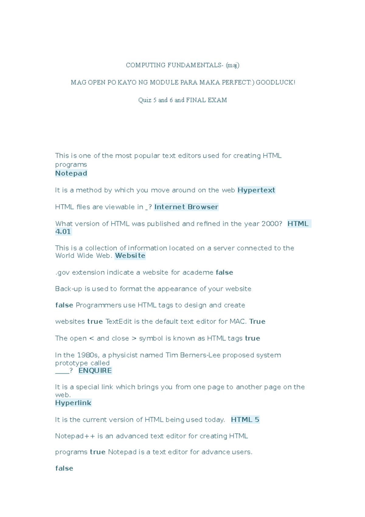 Computing fundamentals quiz 5 final - COMPUTING FUNDAMENTALS- (maj) MAG ...