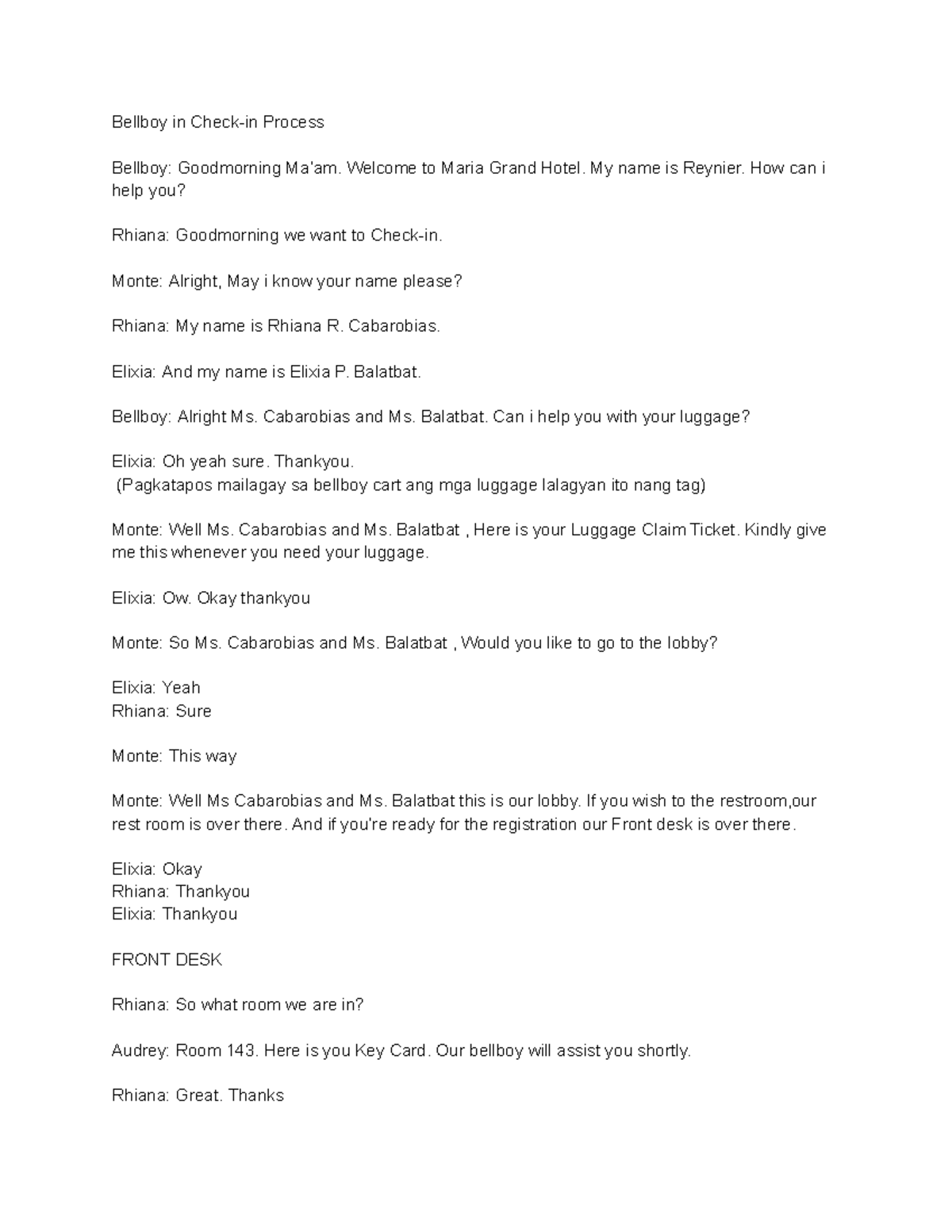 Front Office Services Roleplay Script - Bellboy in Check-in Process ...