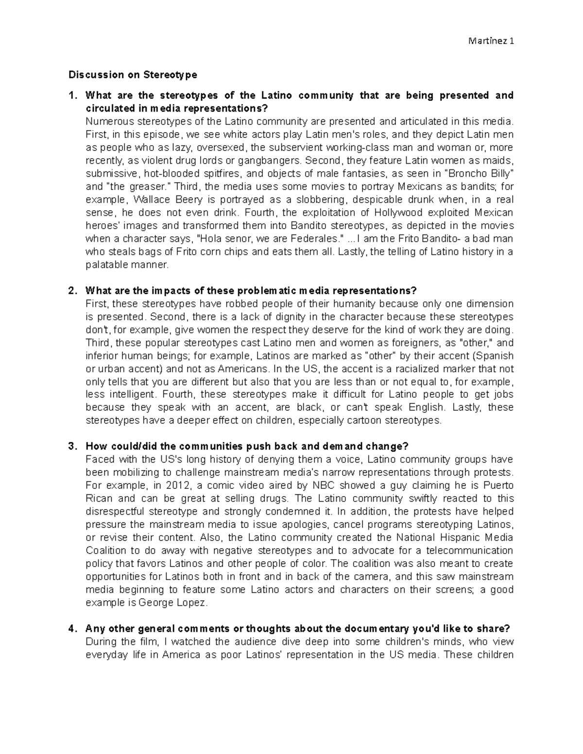 Discussion on Stereotype - Martinez 1 Discussion on Stereotype What are ...