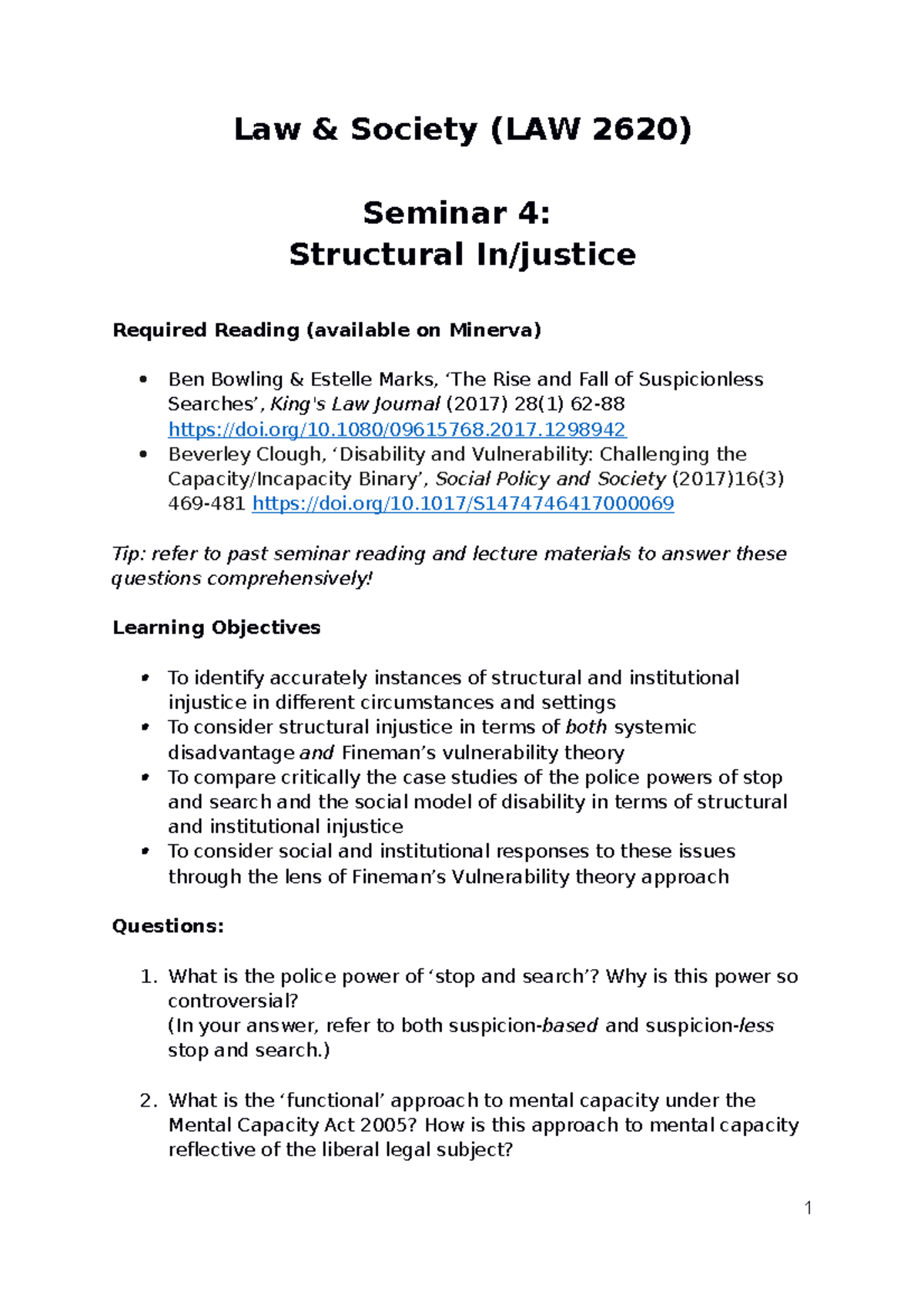 Law Society seminar 4 - Law & Society (LAW 2620) Seminar 4: Structural ...