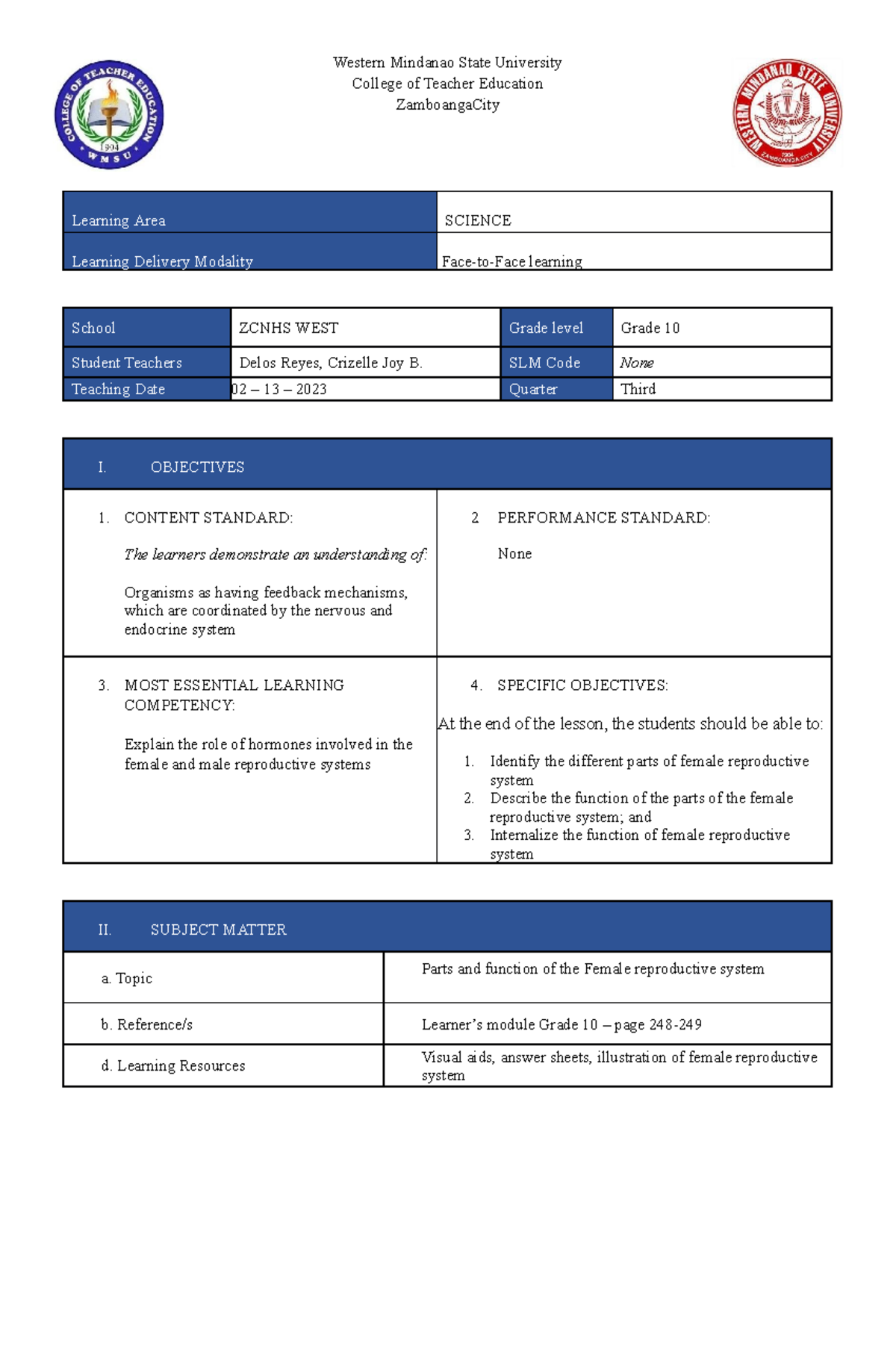 5Es. week 1 day 1.LP female reproductive system - Western Mindanao ...