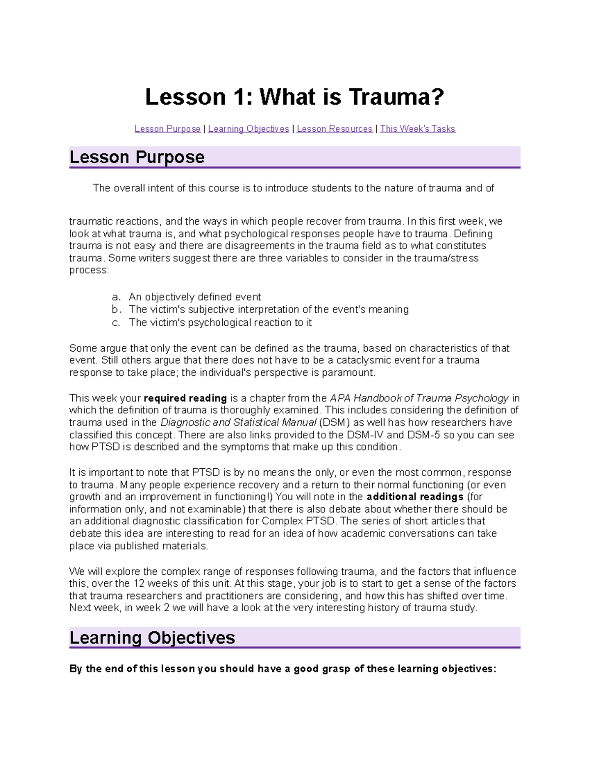 Lesson 1 - What is Trauma lesson notes - Lesson 1: What is Trauma ...