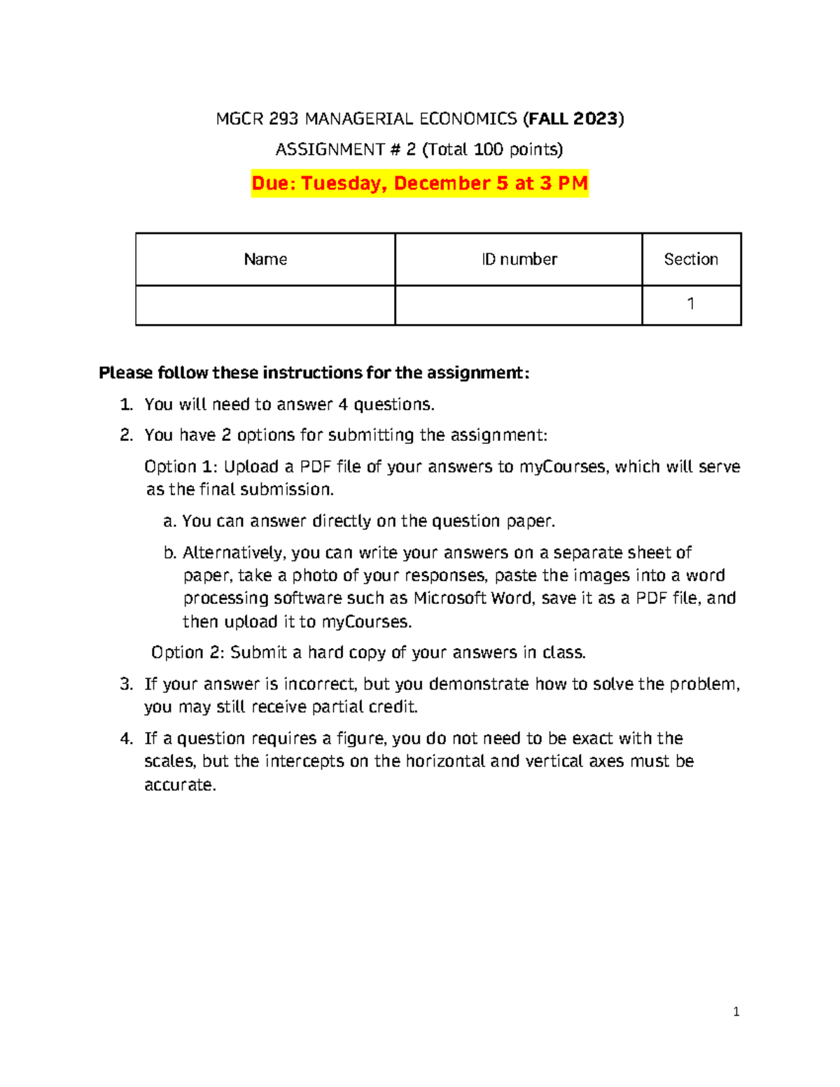 F2023MGCR293 Assignment 2 S1 - MGCR 293 MANAGERIAL ECONOMICS (FALL 2023) ASSIGNMENT # 2 (Total ...