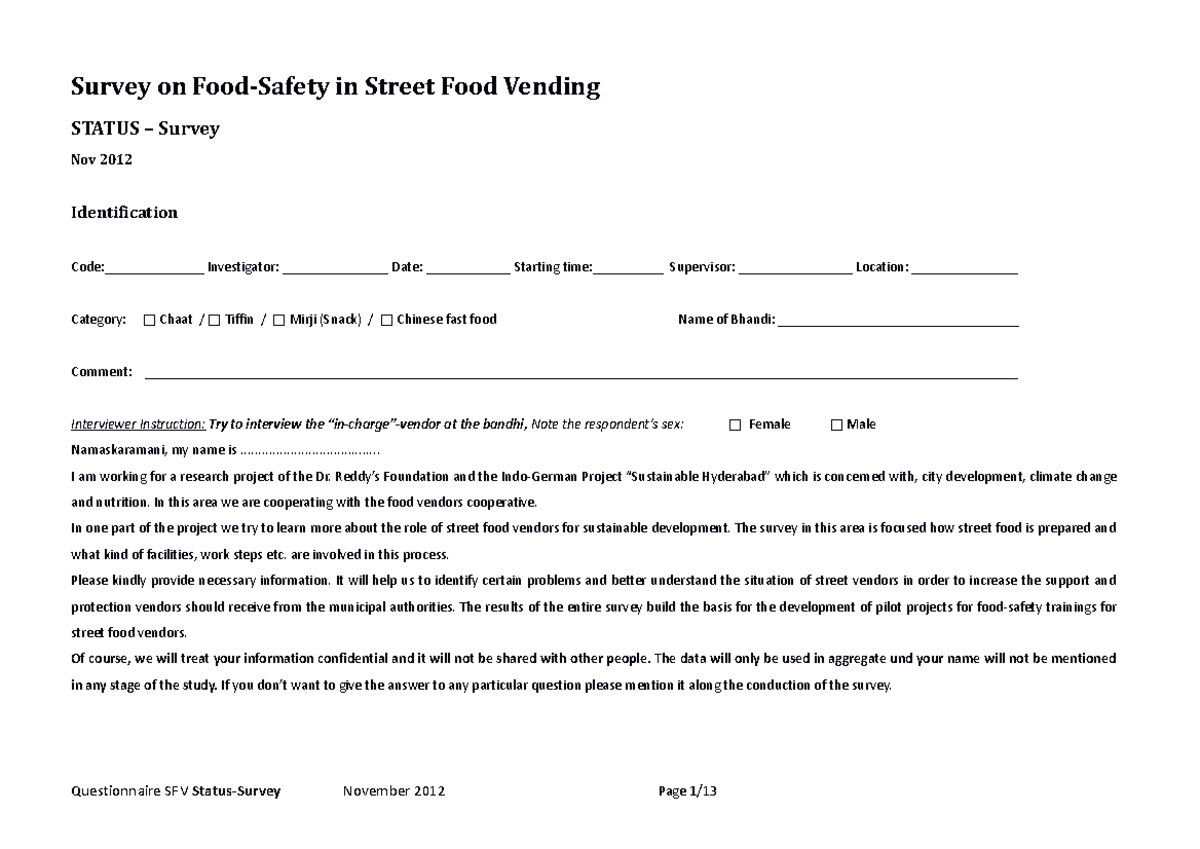 Questionnaire Status-Survey - Survey on Food-Safety in Street Food ...