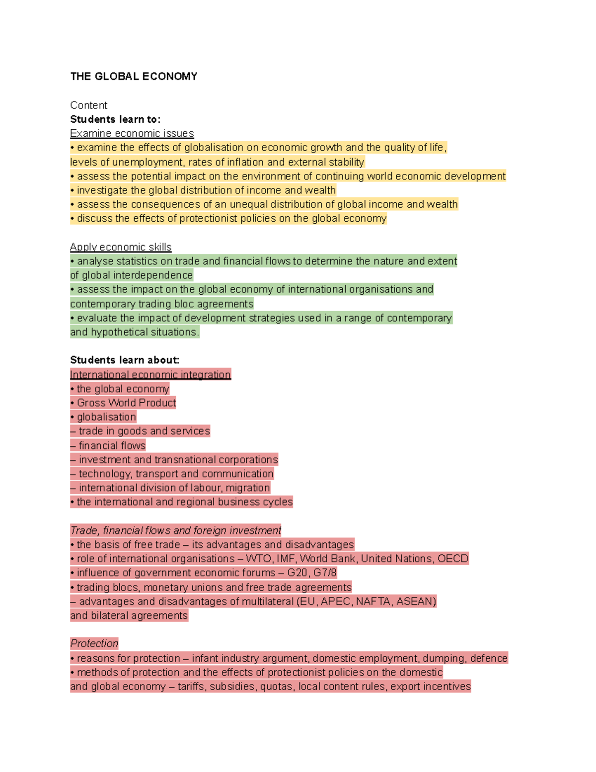 ECO Notes Topic 1 THE Global Economy - THE GLOBAL ECONOMY Content ...
