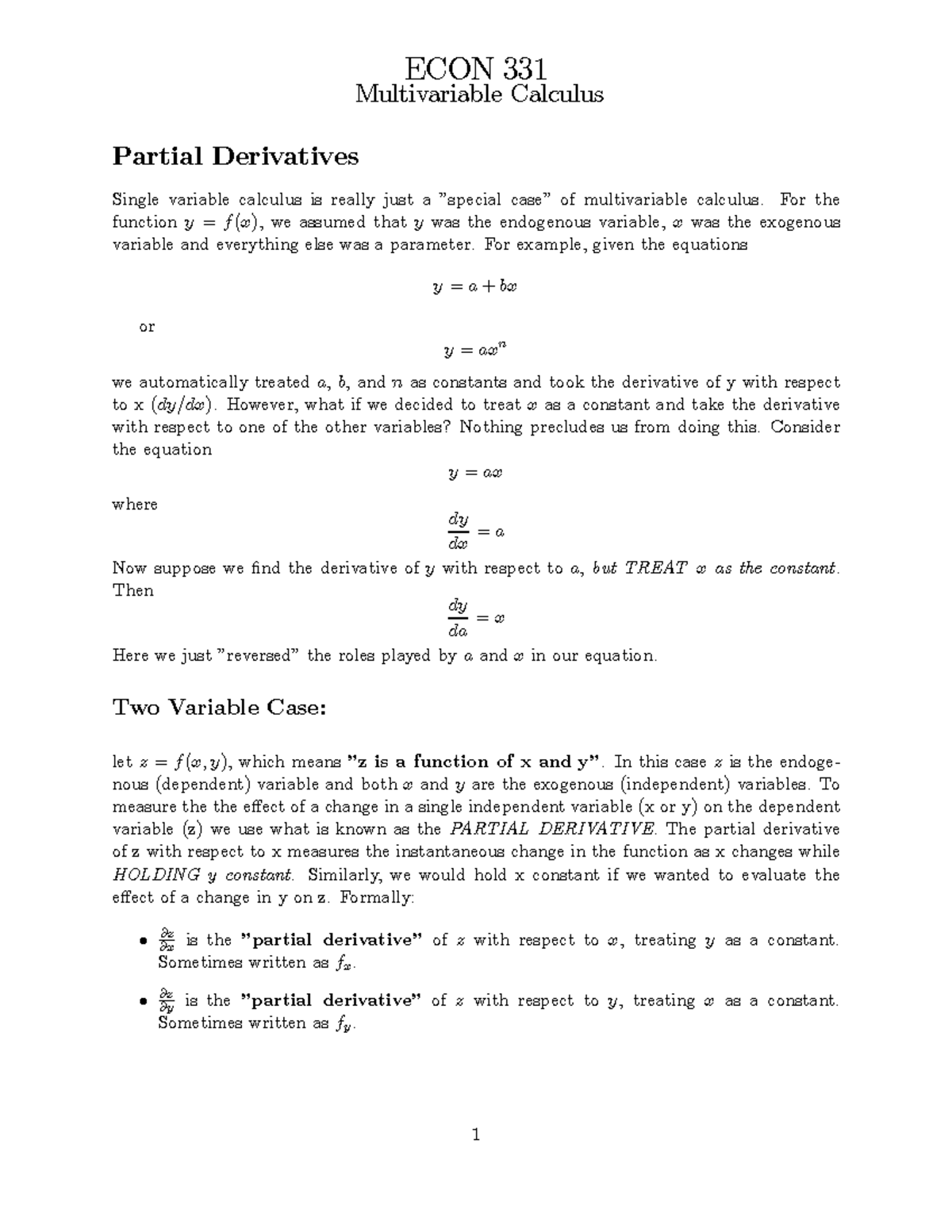 Notes-partial diff - notes - ECON 331 Multivariable Calculus Partial ...