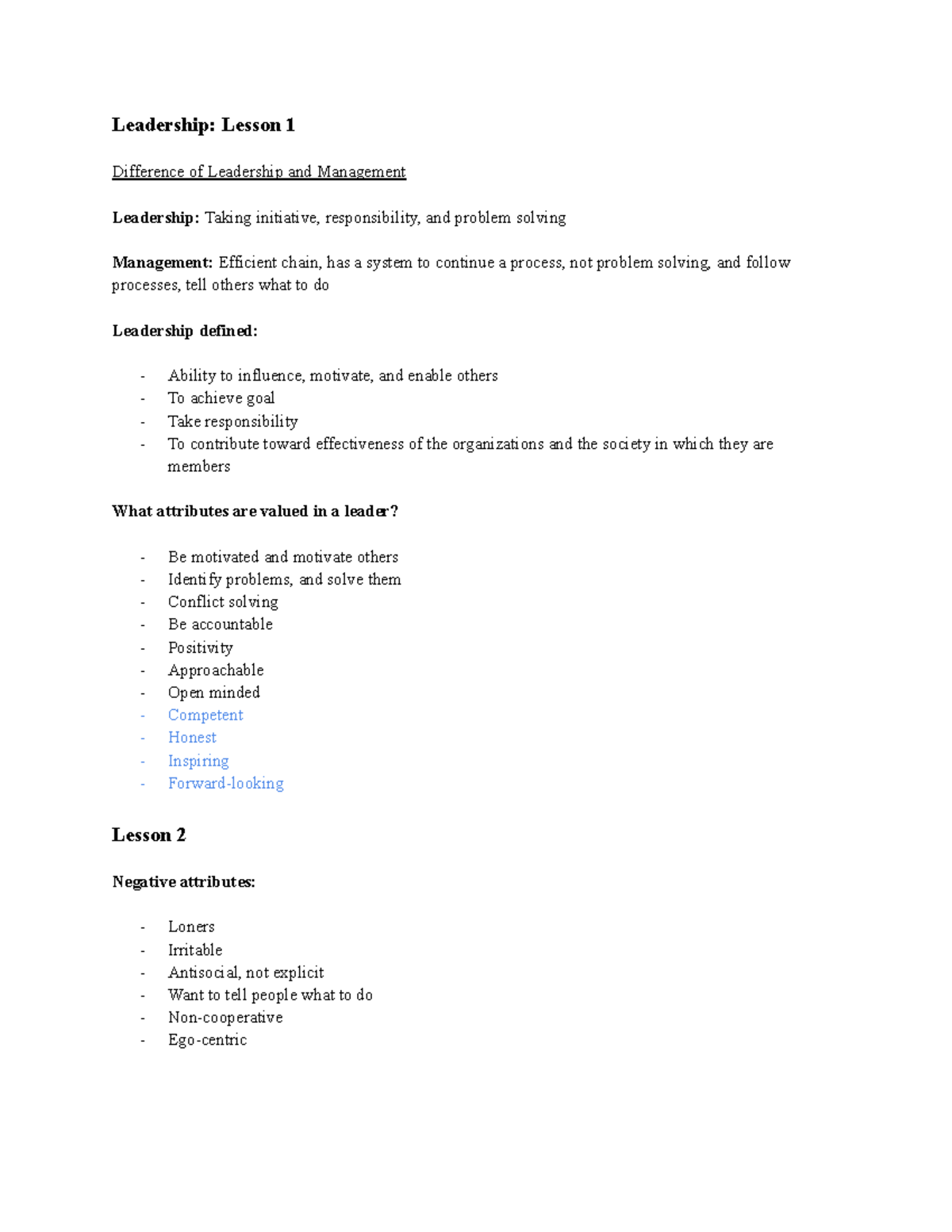 Leadership Lecture notes-2 - Leadership: Lesson 1 Difference of ...