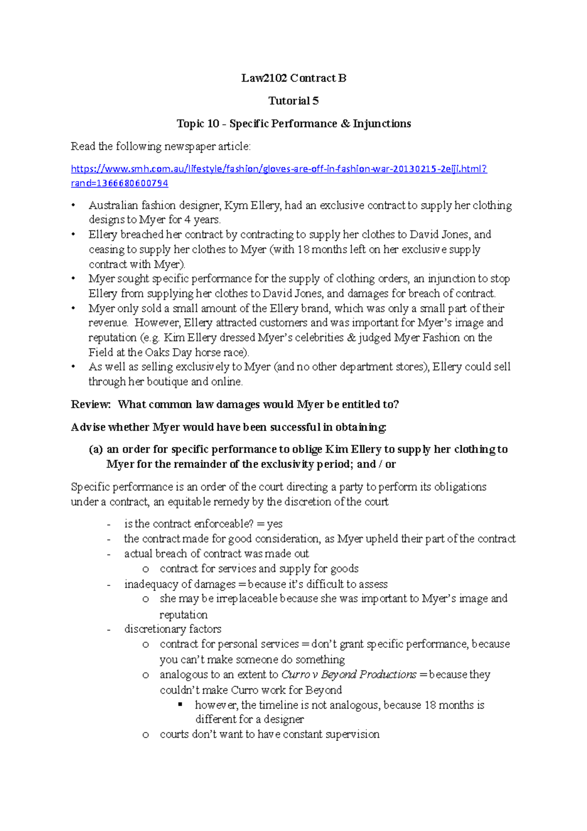 Tutorial 5 (updated S1 2022) - Law2102 Contract B Tutorial 5 Topic 10 - Specific Performance ...